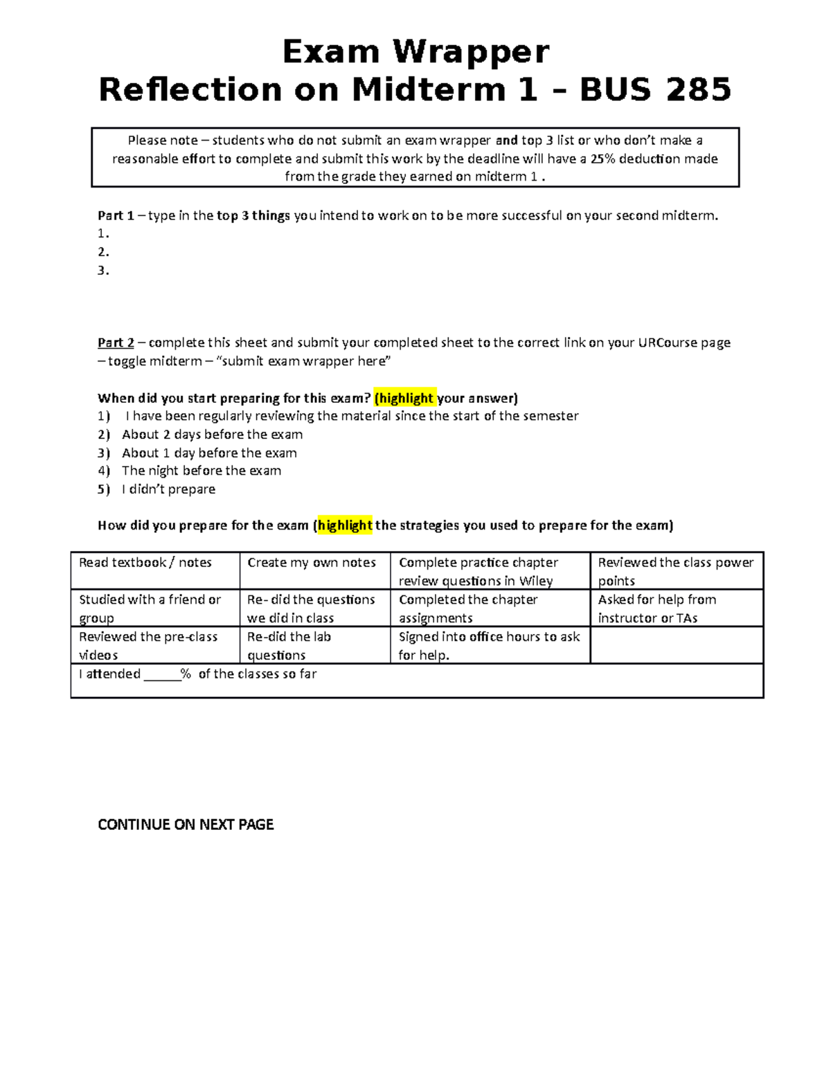 BUS 285 F20 Exam Wrapper exam week FIN - Exam Wrapper Reflection on ...