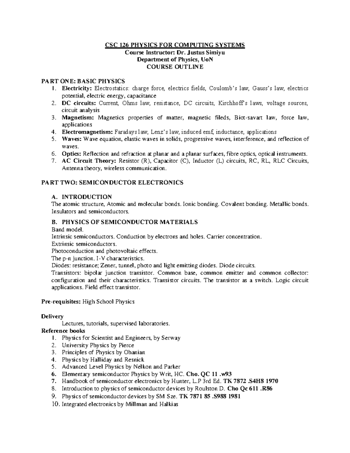 Csc 126 physics for computing systems course outline - CSC 126 PHYSICS ...