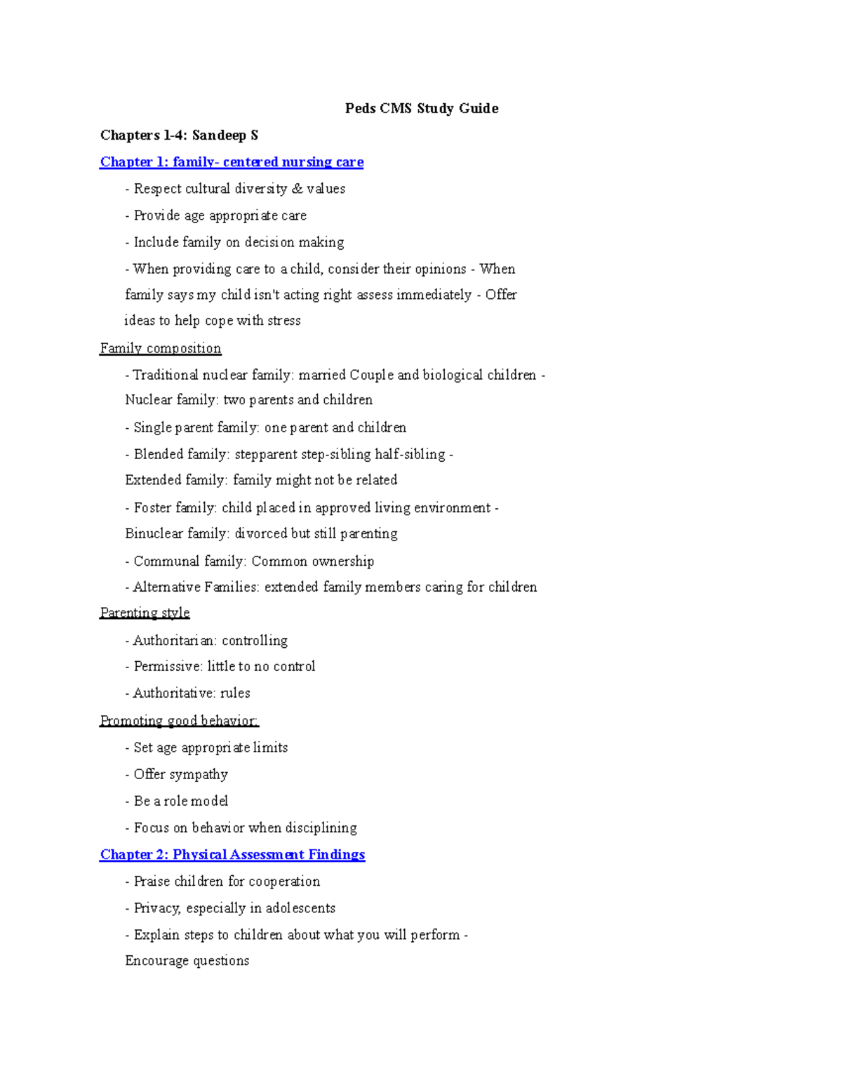 Peds CMS Study Guide - Peds CMS Study Guide Chapters 1-4: Sandeep S Chapter 1: family- centered ...