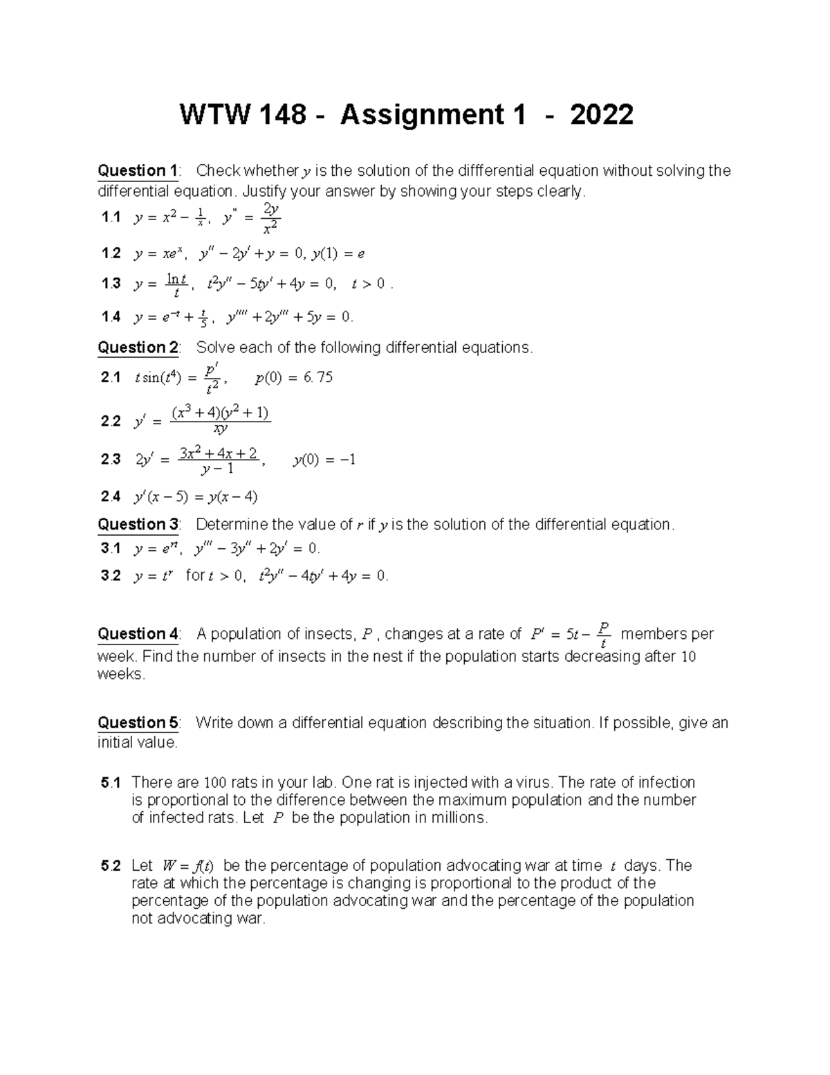 WTW 148 Assignment I(2022) - WTW 148 - Assignment 1 - 2022 Question 1: Check whether y is the ...