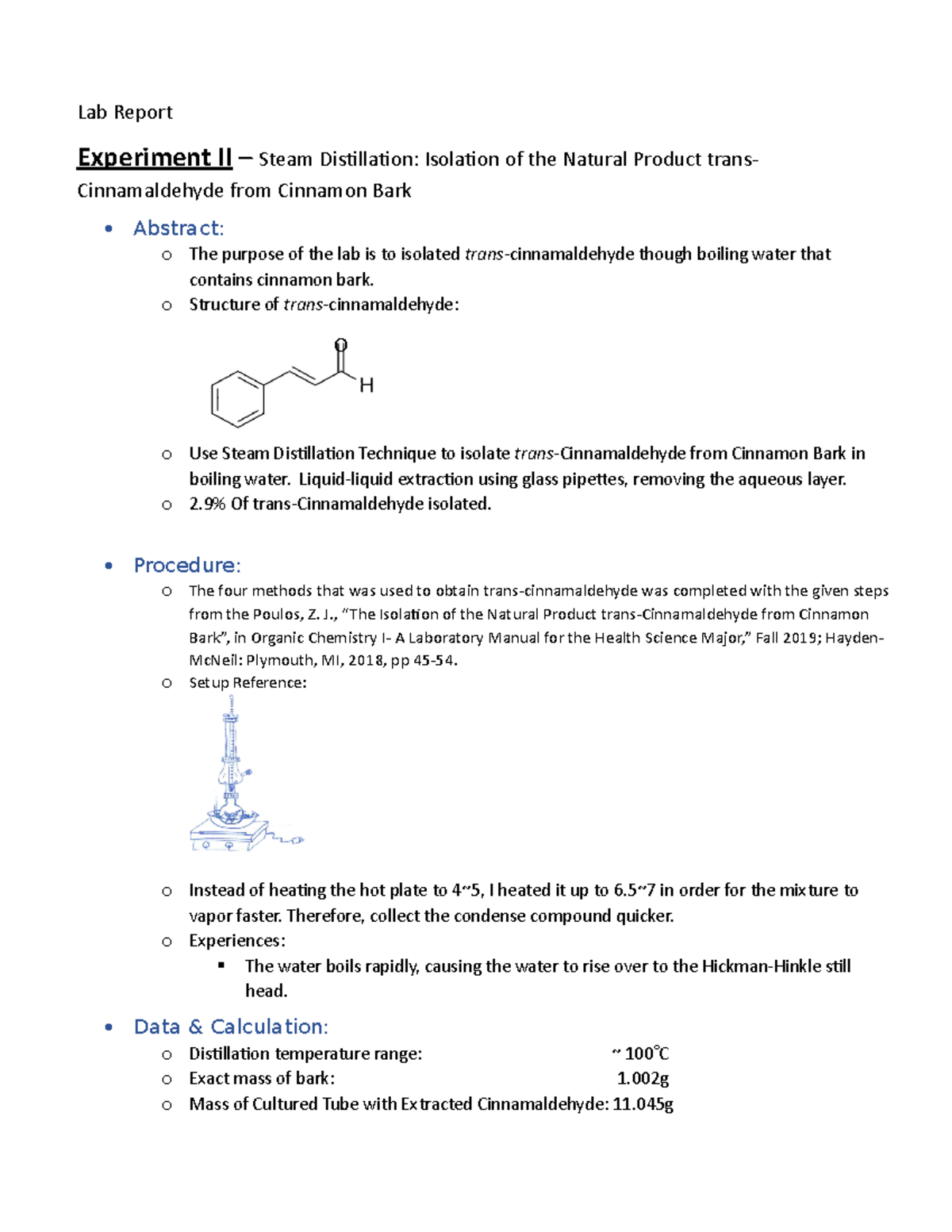 Lab Report - LAB - Lab Report Experiment II – Steam Distillation ...