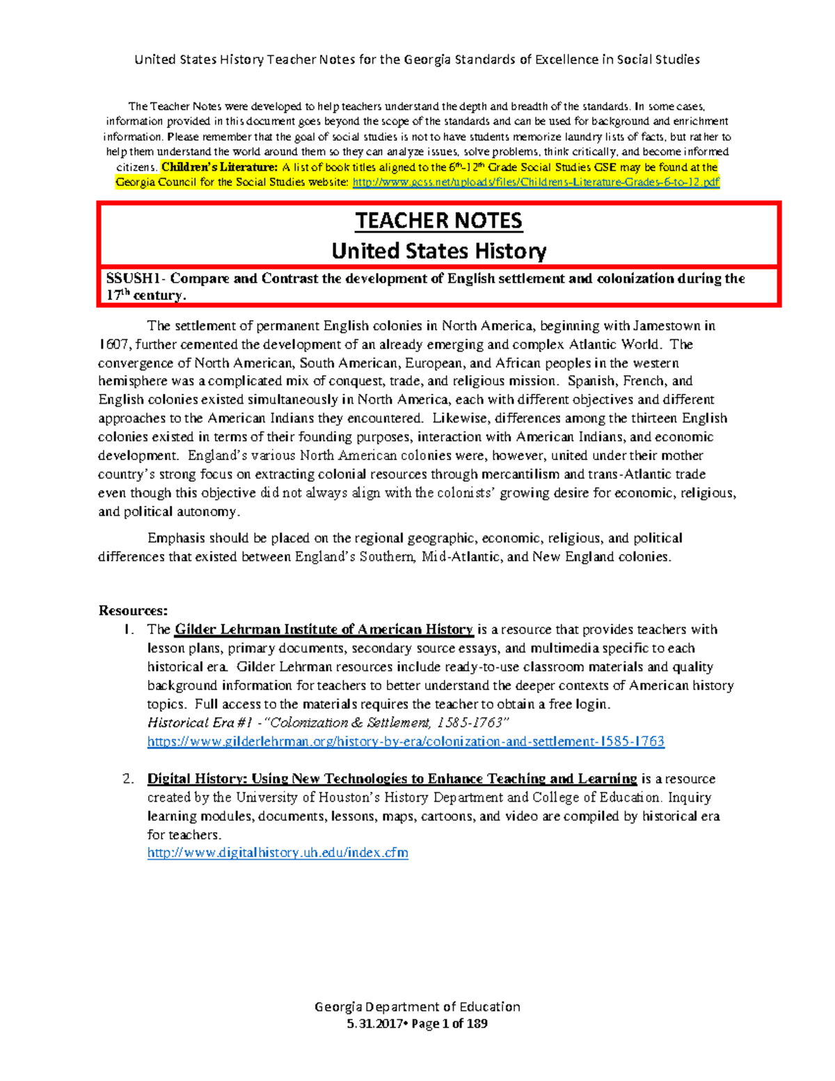 Social Studies United States History Teacher Notes - Georgia Department ...