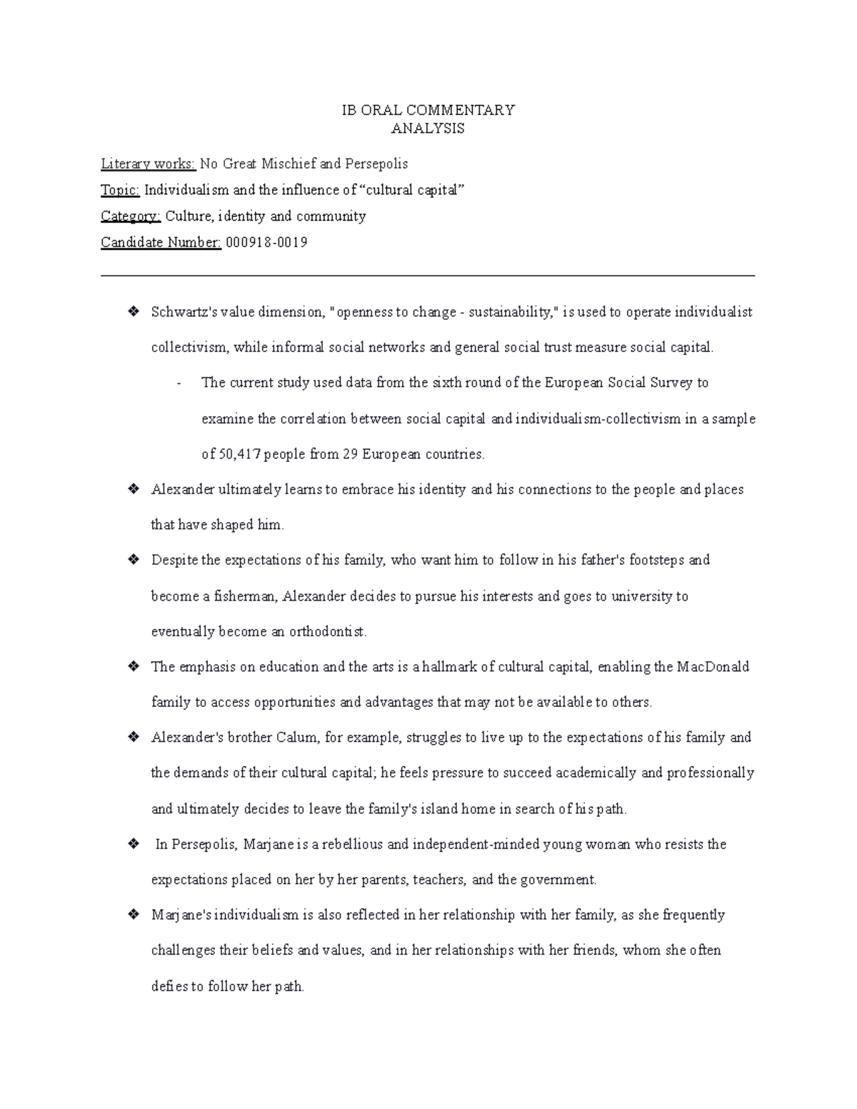 IA- Oral Commentary - IB ORAL COMMENTARY ANALYSIS Literary works: No ...