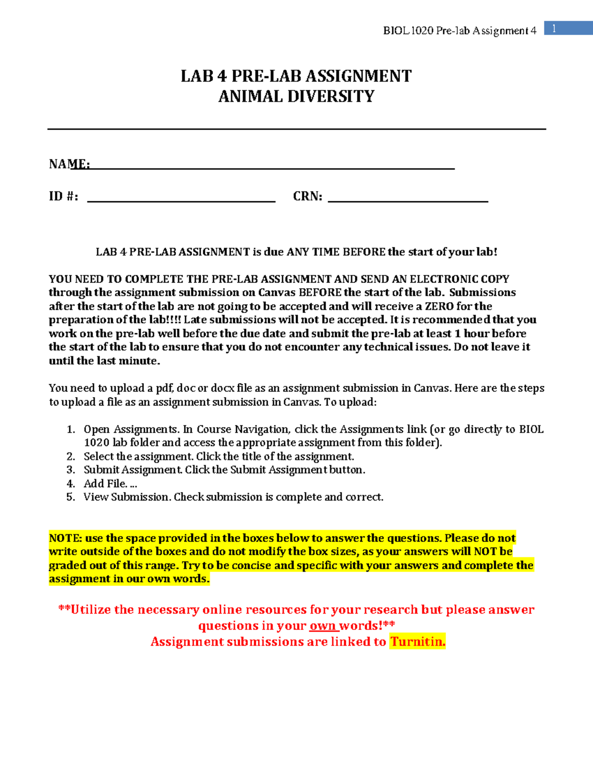 Lab 4 Pre-lab Assignment - LAB 4 PRE-LAB ASSIGNMENT ANIMAL DIVERSITY NAME: ID #: CRN: LAB 4 PRE ...