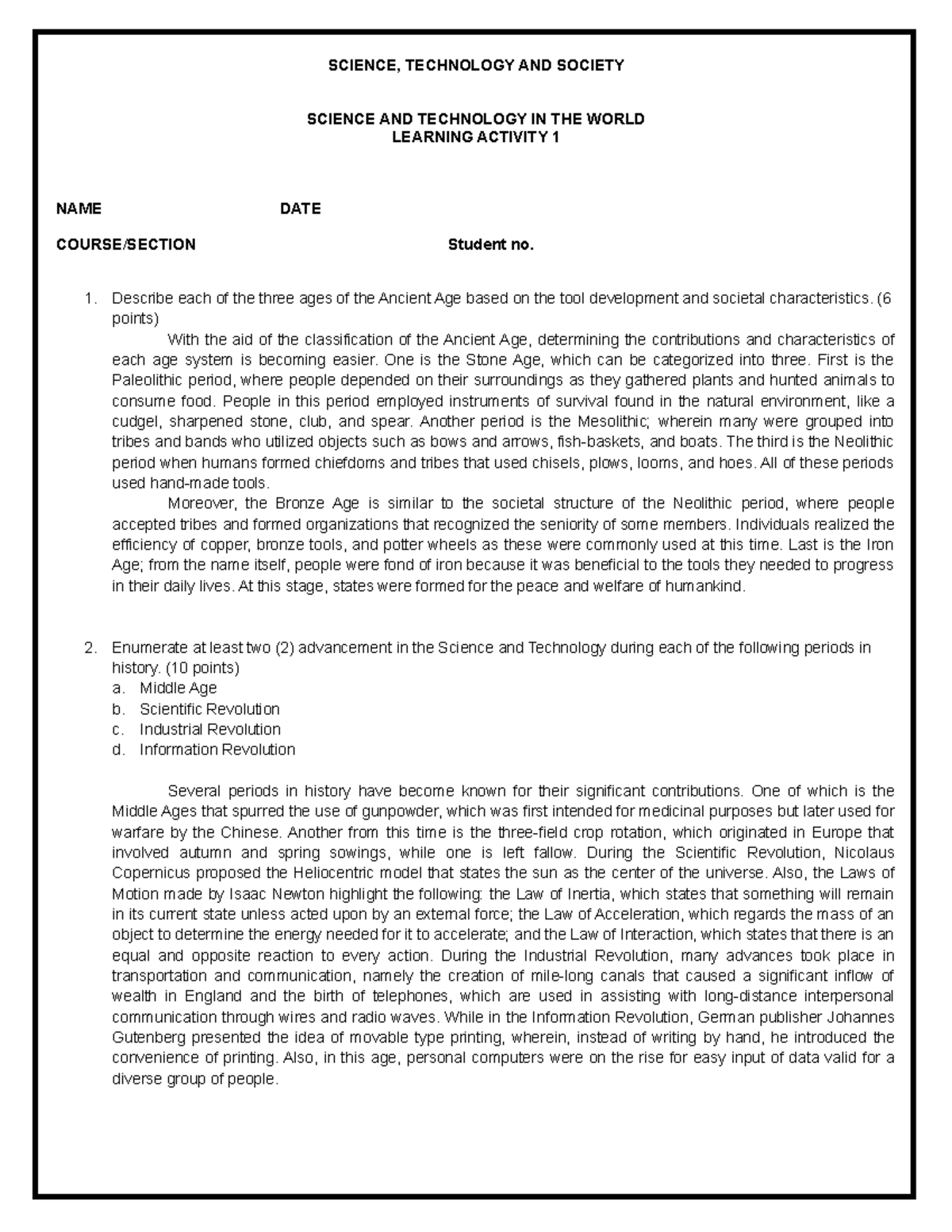 STS Act - SCIENCE, TECHNOLOGY AND SOCIETY SCIENCE AND TECHNOLOGY IN THE ...