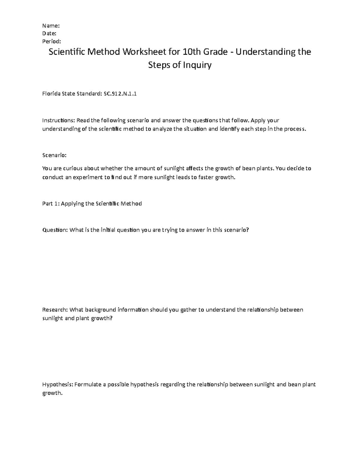 Scientifi Method Worksheet - Date: Period: Scientific Method Worksheet ...