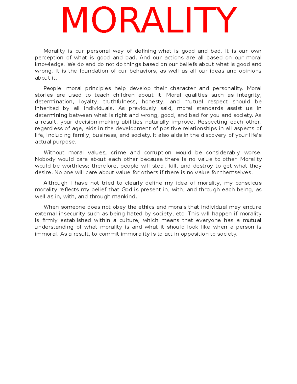 Morality - Value everyone - MORALITY Morality is our personal way of ...