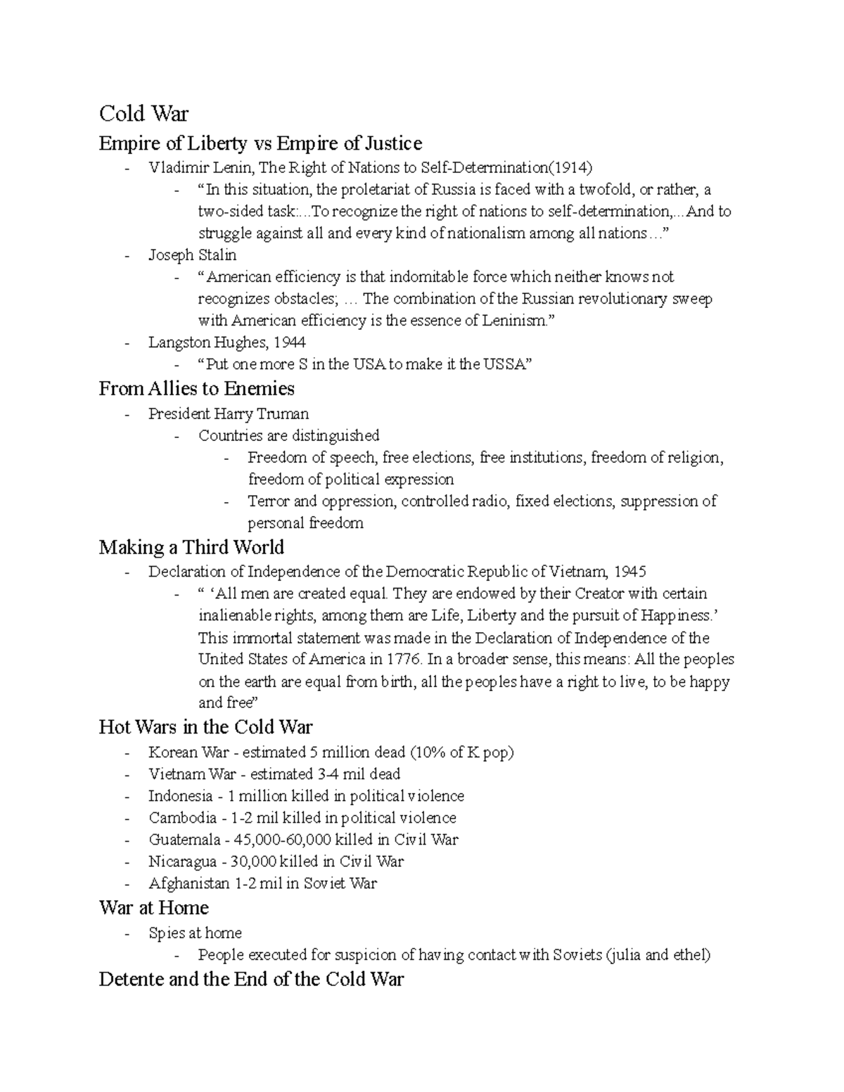 HIST 1302W Notes - Cold War Empire of Liberty vs Empire of Justice ...