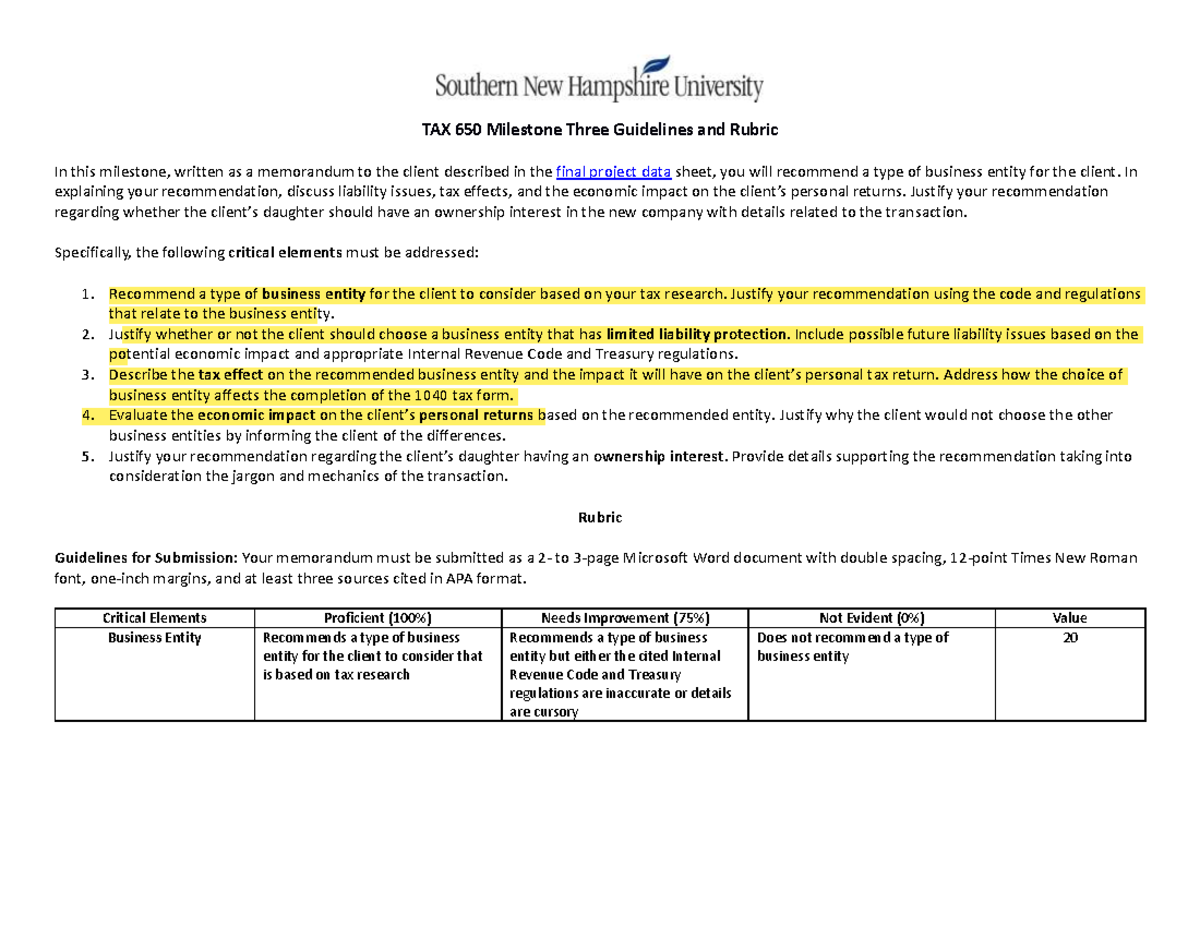TAX 650 Milestone Three Guidelines and Rubric - In explaining your ...