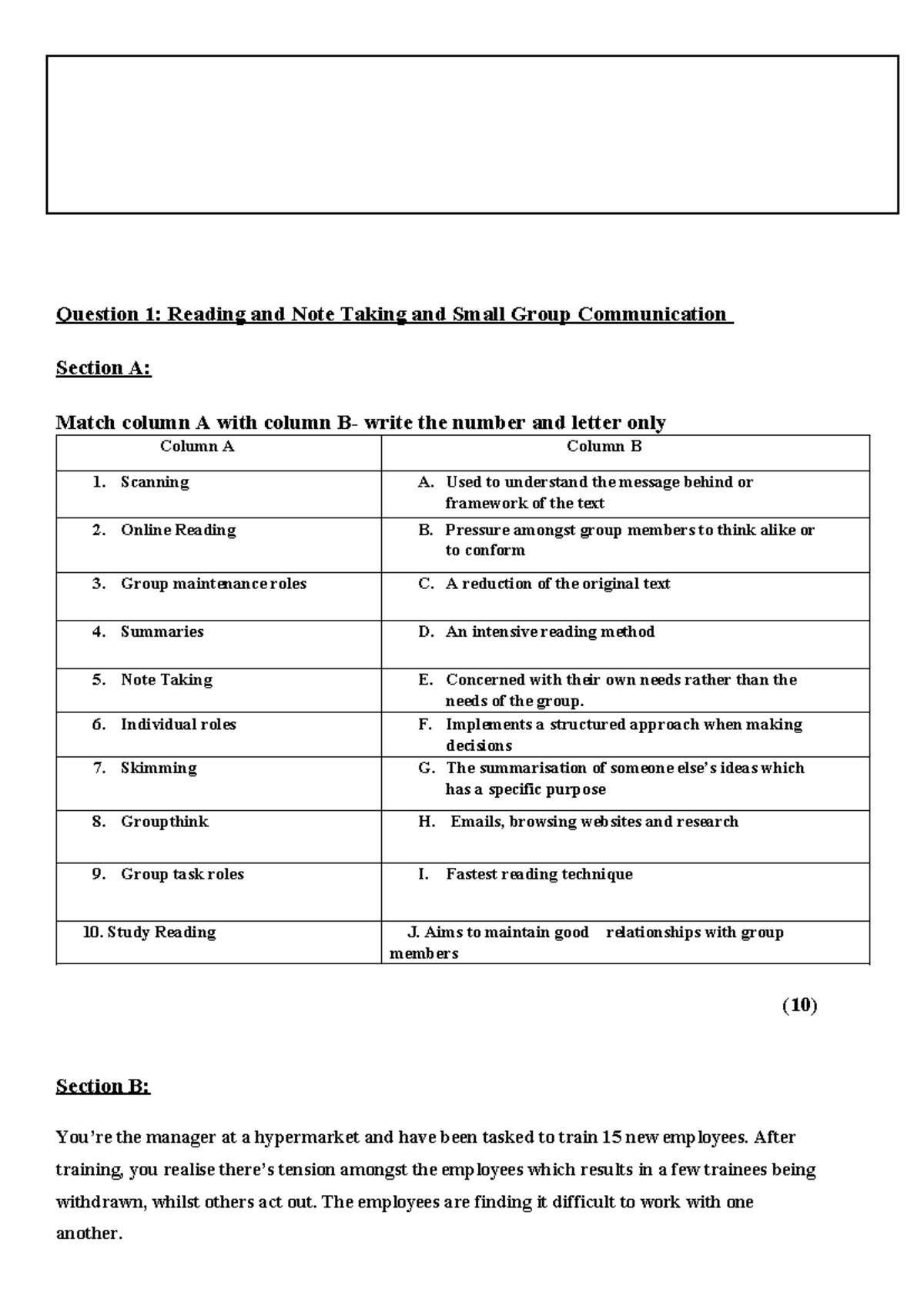 MEMO OLD TEST 1 - Memo test 1 - Question 1: Reading and Note Taking and ...