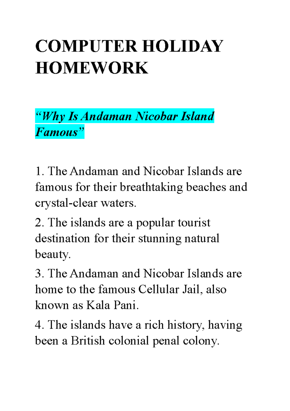 Computer Holiday Homework - COMPUTER HOLIDAY HOMEWORK “Why Is Andaman ...