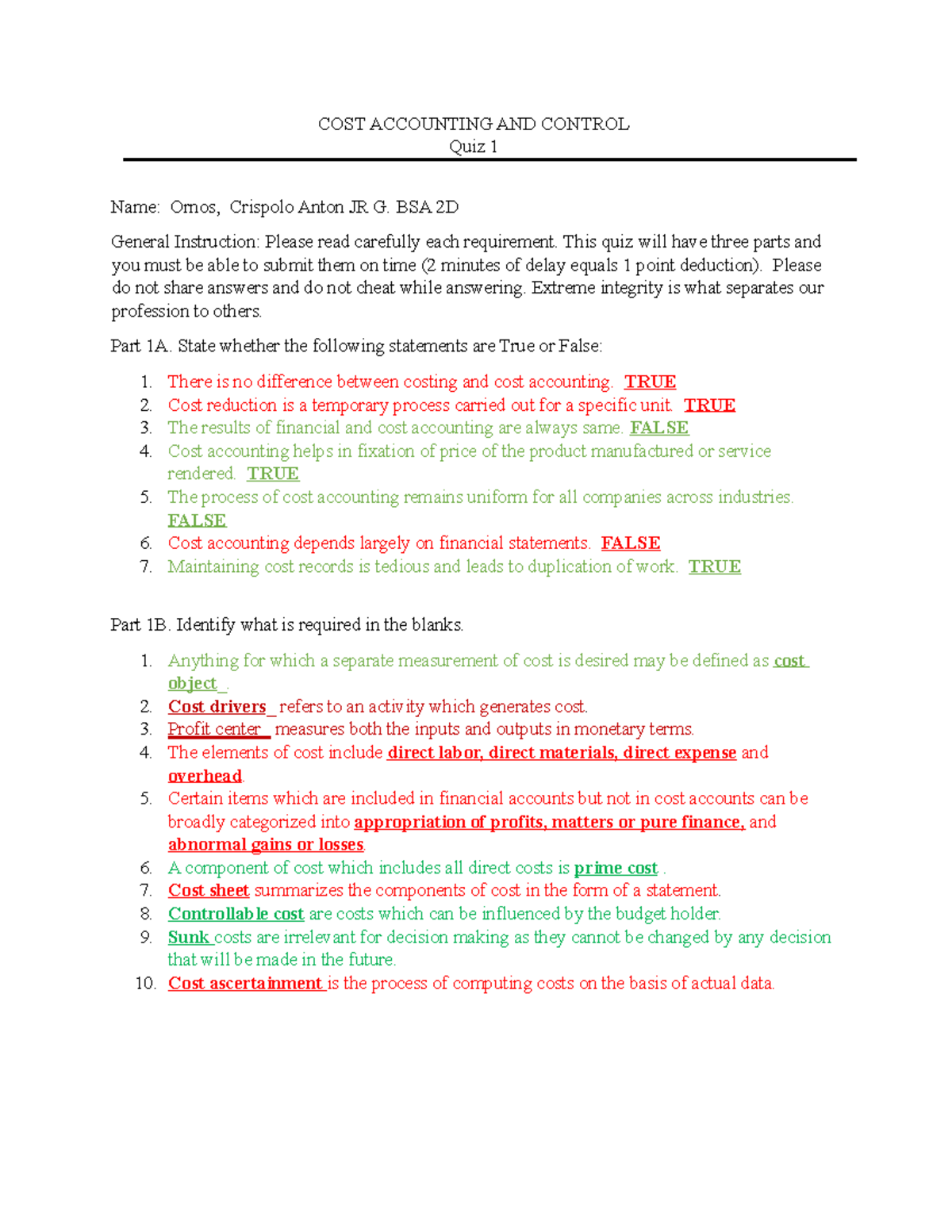 Quiz 1 2020, questions and answers - COST ACCOUNTING AND CONTROL Quiz 1 ...