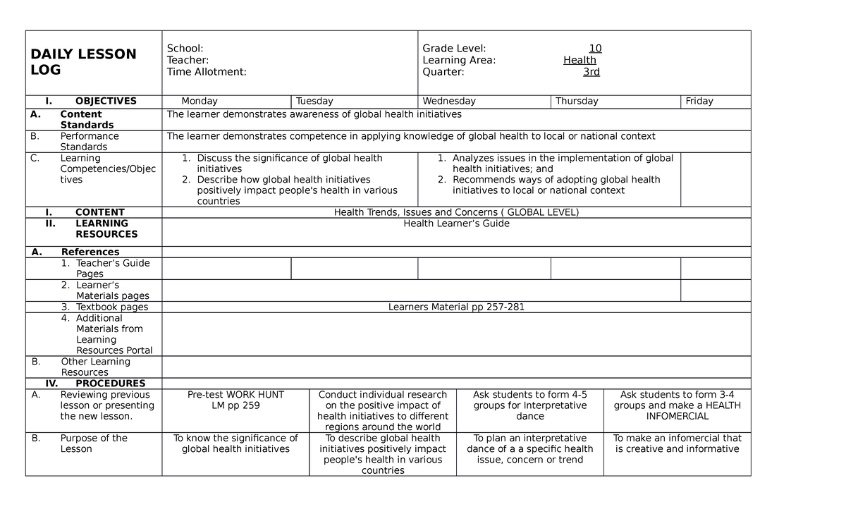 Health 3Q - daily lesson log - DAILY LESSON LOG School: Teacher: Time ...