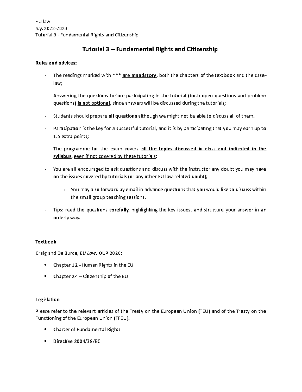 Tutorial 3 EU Law - Tut 3 - a. 2022- Tutorial 3 - Fundamental Rights ...