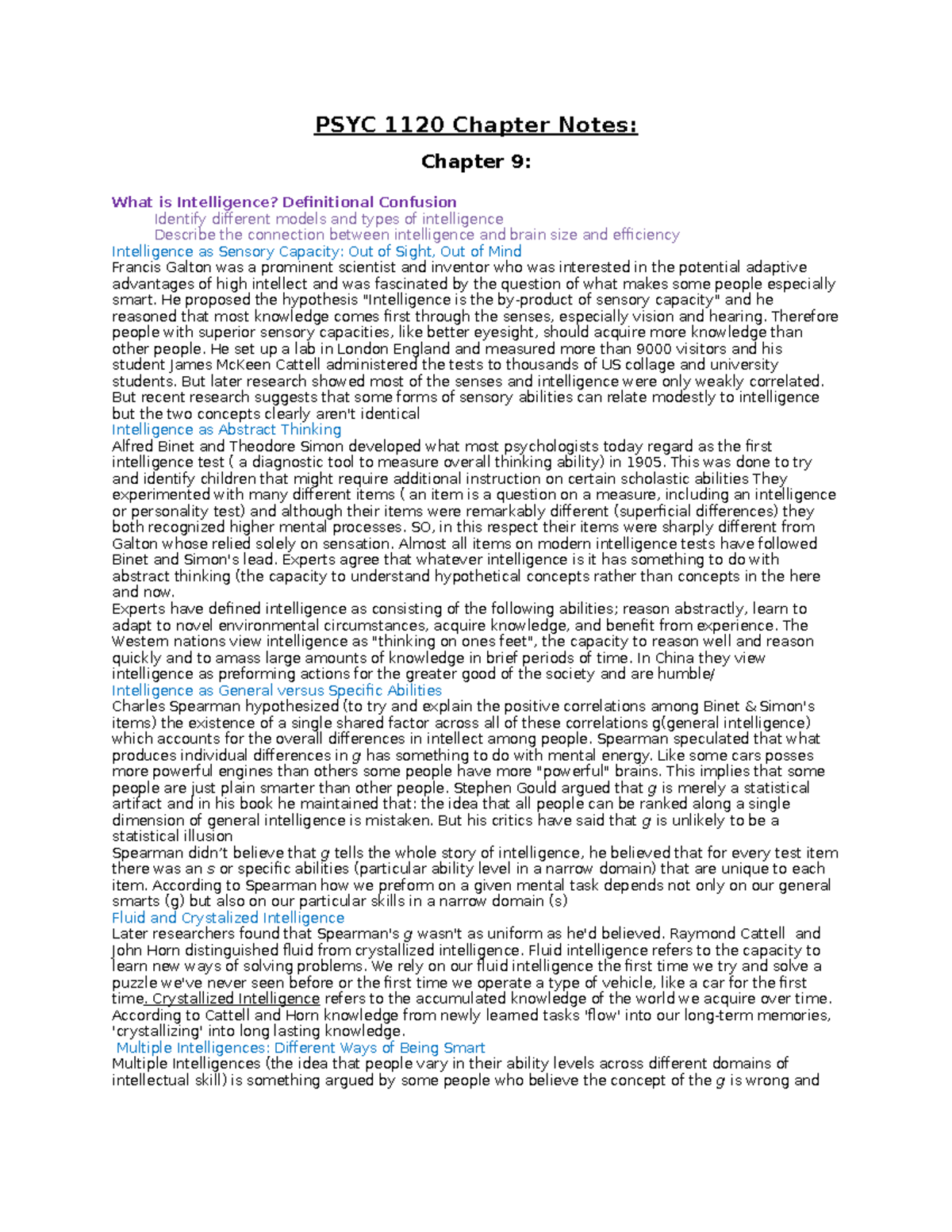 Psyc 1120 Chapter Notes Psyc 1120 Chapter Notes Chapter 9 What Is Intelligence Definitional