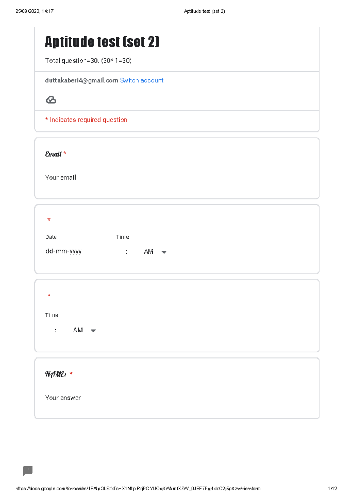 Aptitude test (set 2) - n/a - Emai * Time : Time : Aptitude test (set 2 ...