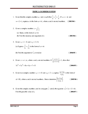 PYQ Mathematics SM015 - Math - TOPIC 1: NUMBER SYSTEM Given that the complex number u, v and w ...