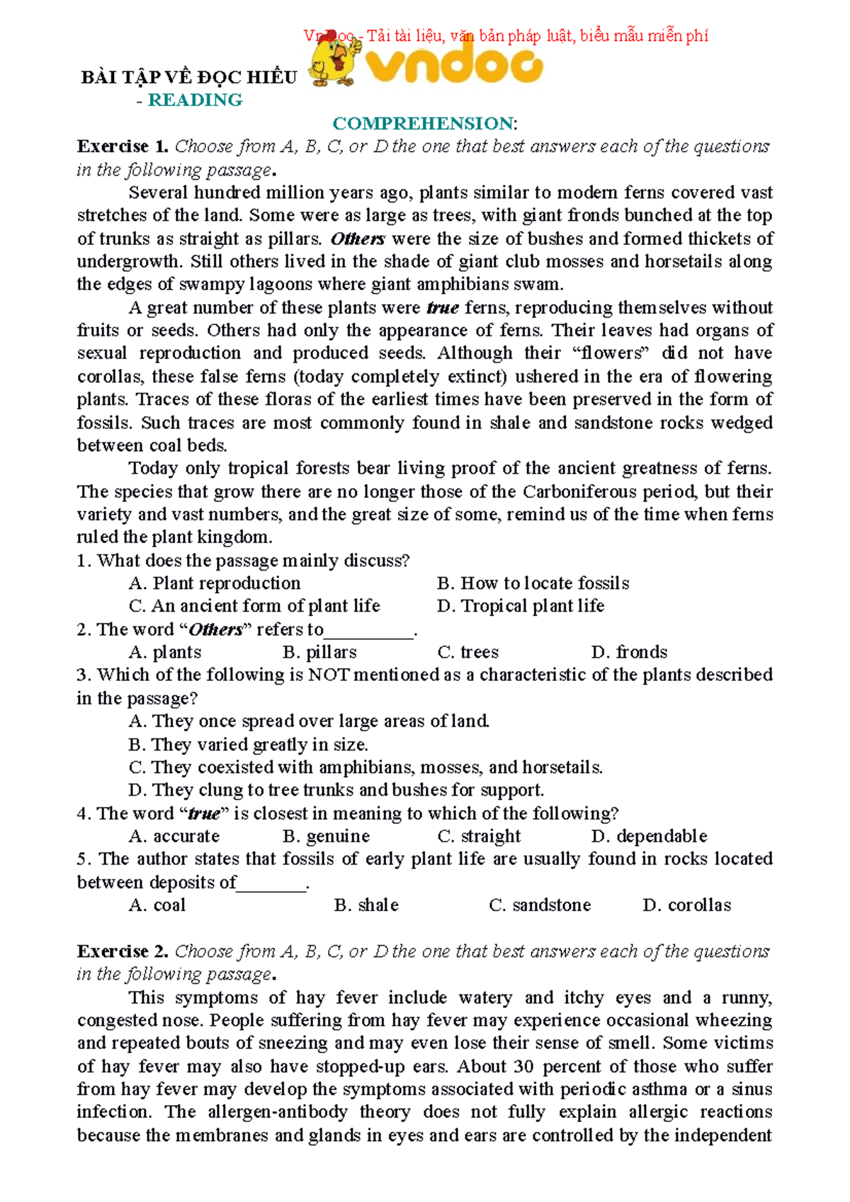 Bai tap doc hieu tieng anh - BÀI TẬP VỀ ĐỌC HIỂU - READING ...