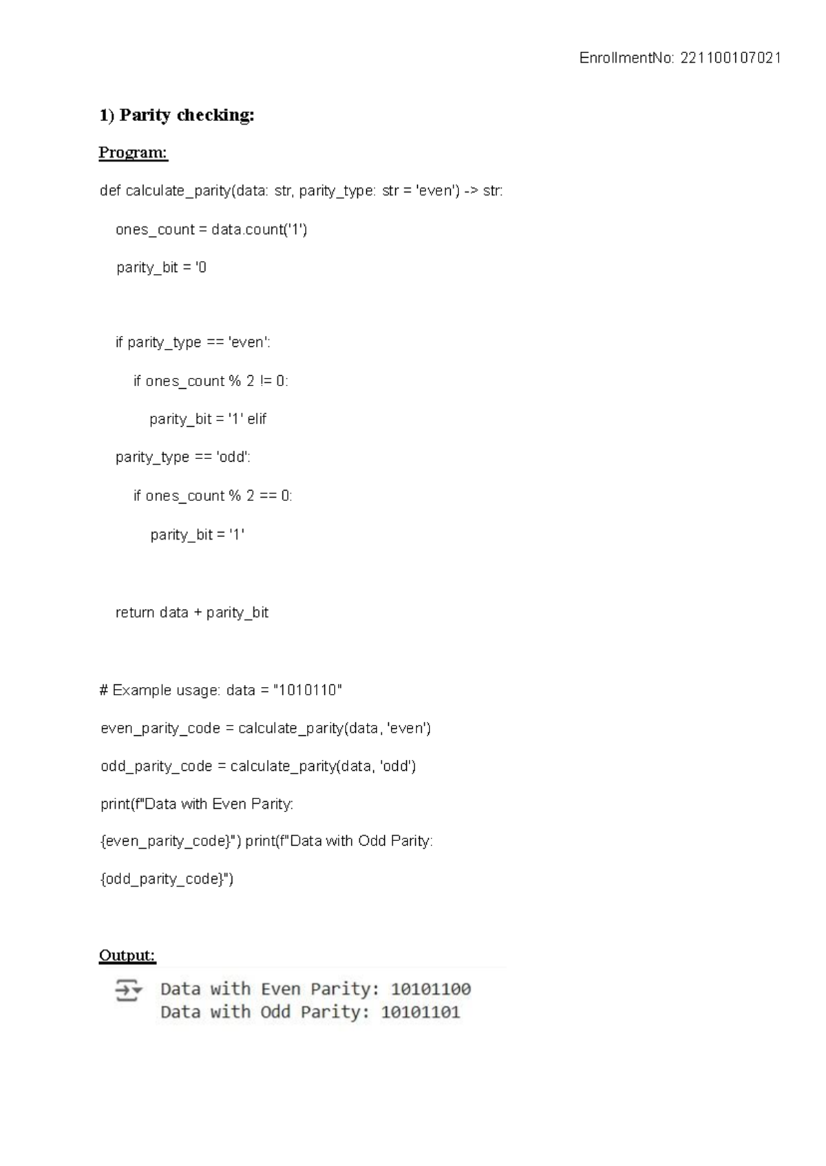 ADA(assignment)-1-2 - Free - 1) Parity checking: Program: def calculate ...
