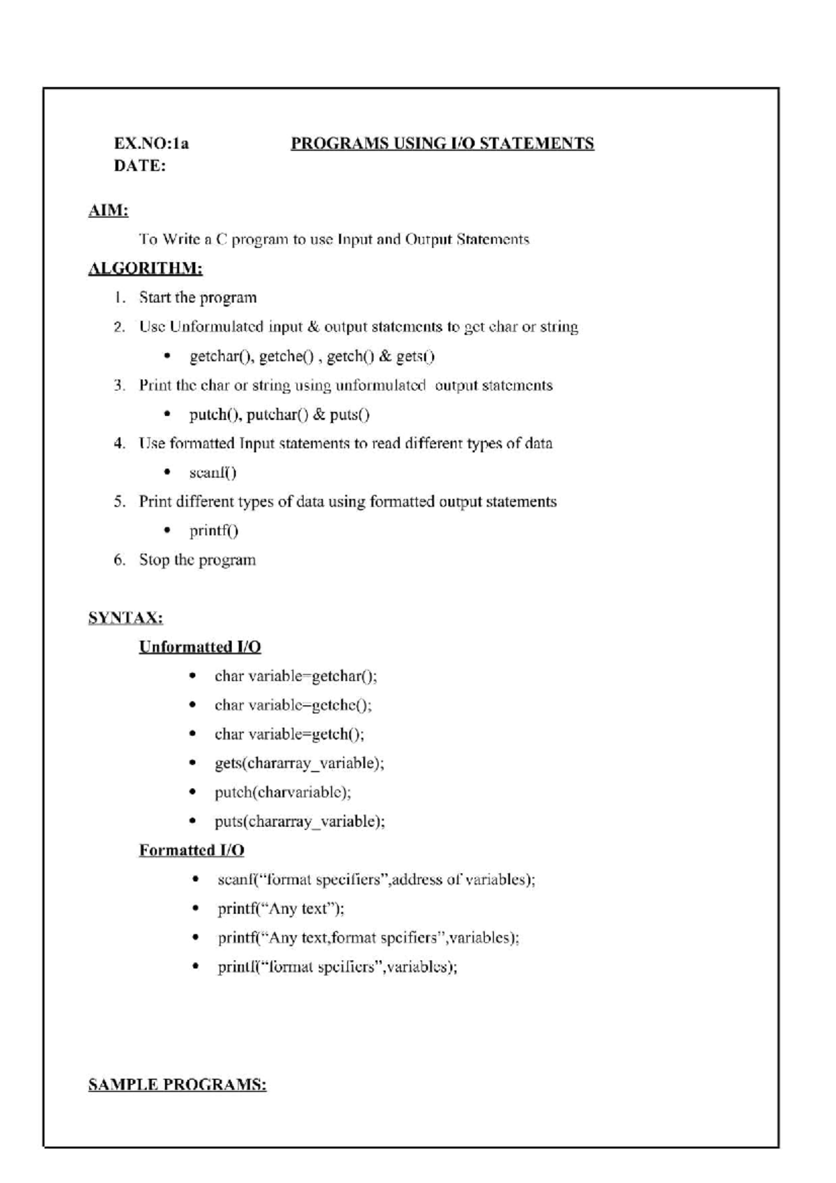 Exno 1a And 1b C Programming Lab Manual 1 Copy Computer Science