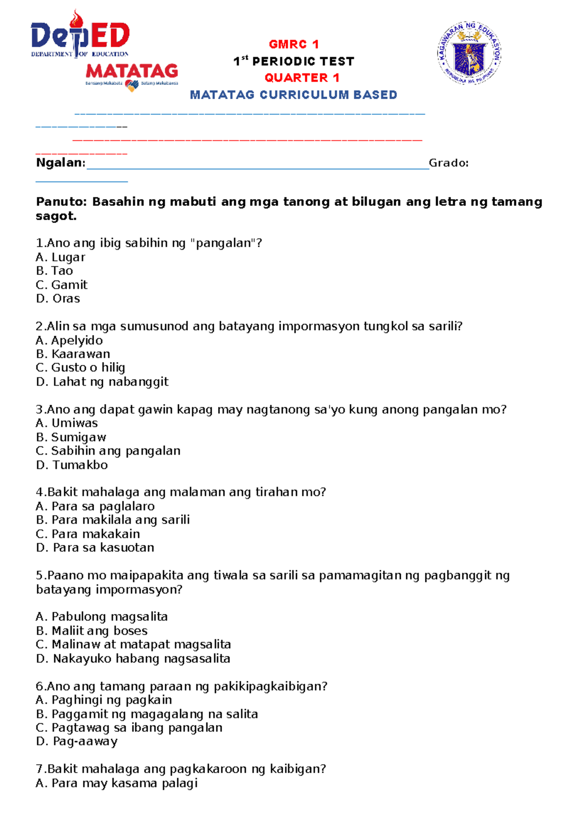 GMRC Q1 - language - GMRC 1 1 st PERIODIC TEST QUARTER 1 MATATAG ...