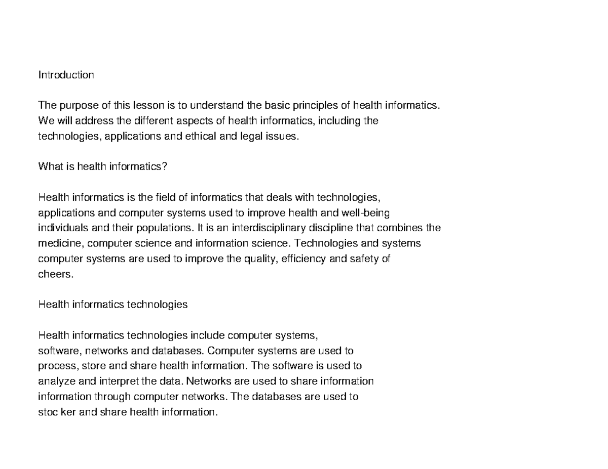 English Health Informatics Study notes - Introduction The purpose of ...