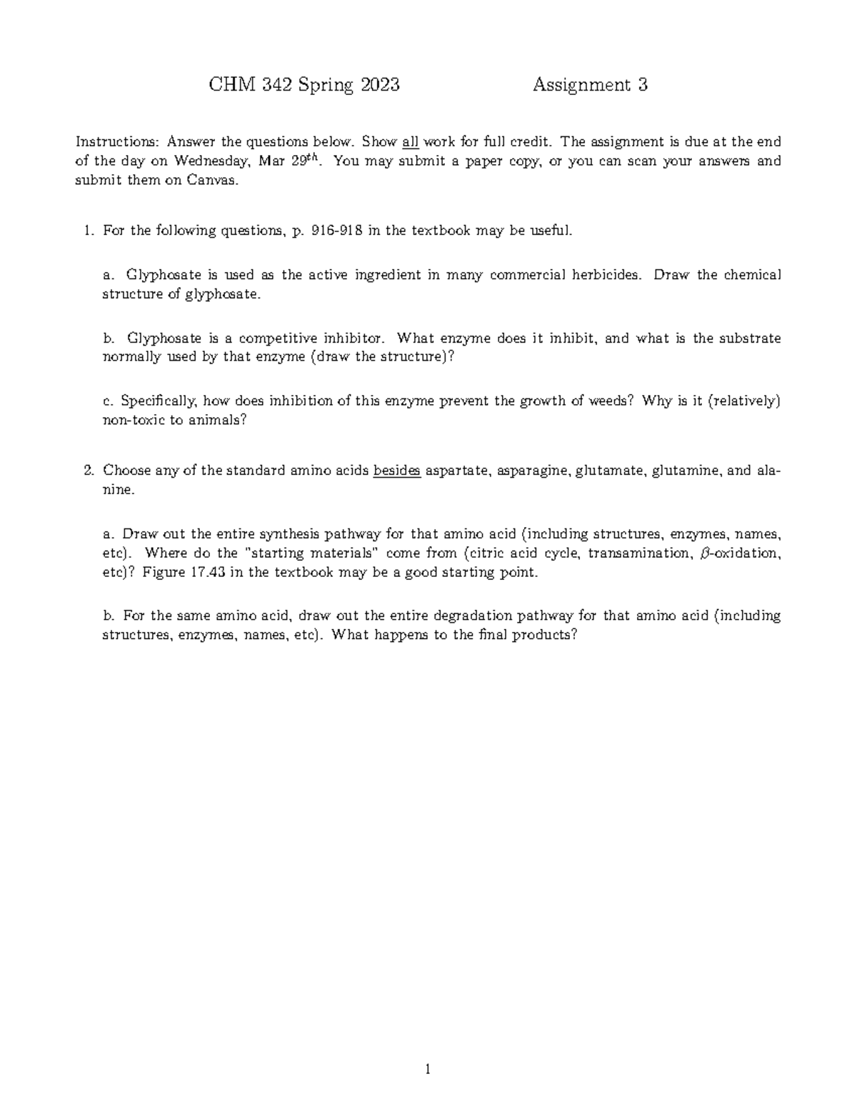 Assignment 3- metabolism - CHM 342 Spring 2023 Assignment 3 Instructions: Answer the questions ...