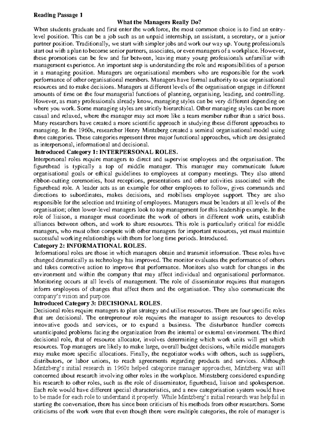 Unit 1- Management- Reading Practice - Reading Passage 1 What the ...