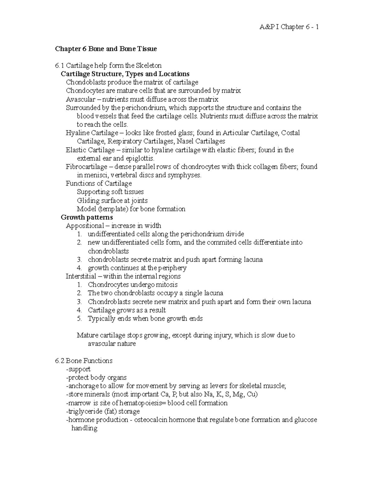 AP1 Ch 6 Bone Notes 2019 0222 - Chapter 6 Bone and Bone Tissue 6 ...