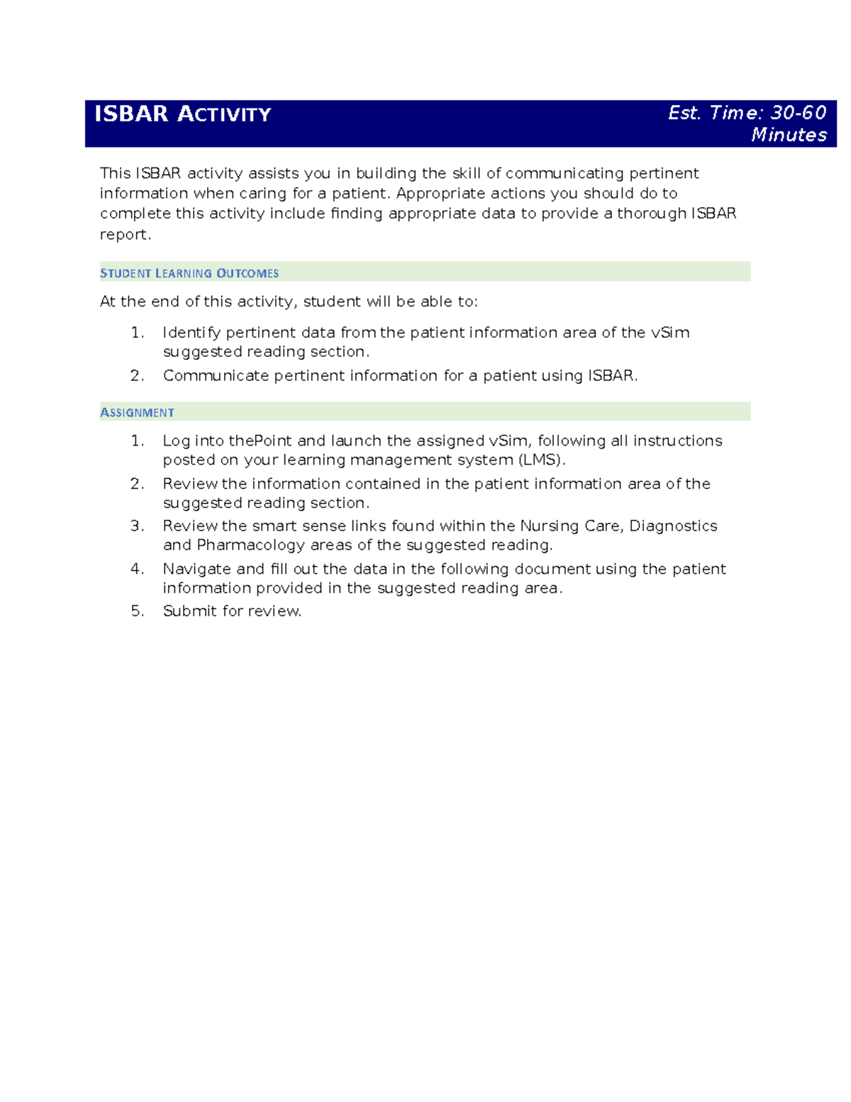 Isbar -Activity - sbar - ISBAR ACTIVITY Est. Time: 30- Minutes This ...