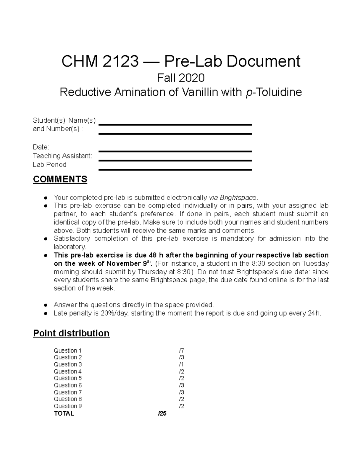 CHM2123 Reductive Amination Prelab - CHM 2123 — Pre-Lab Document Fall ...