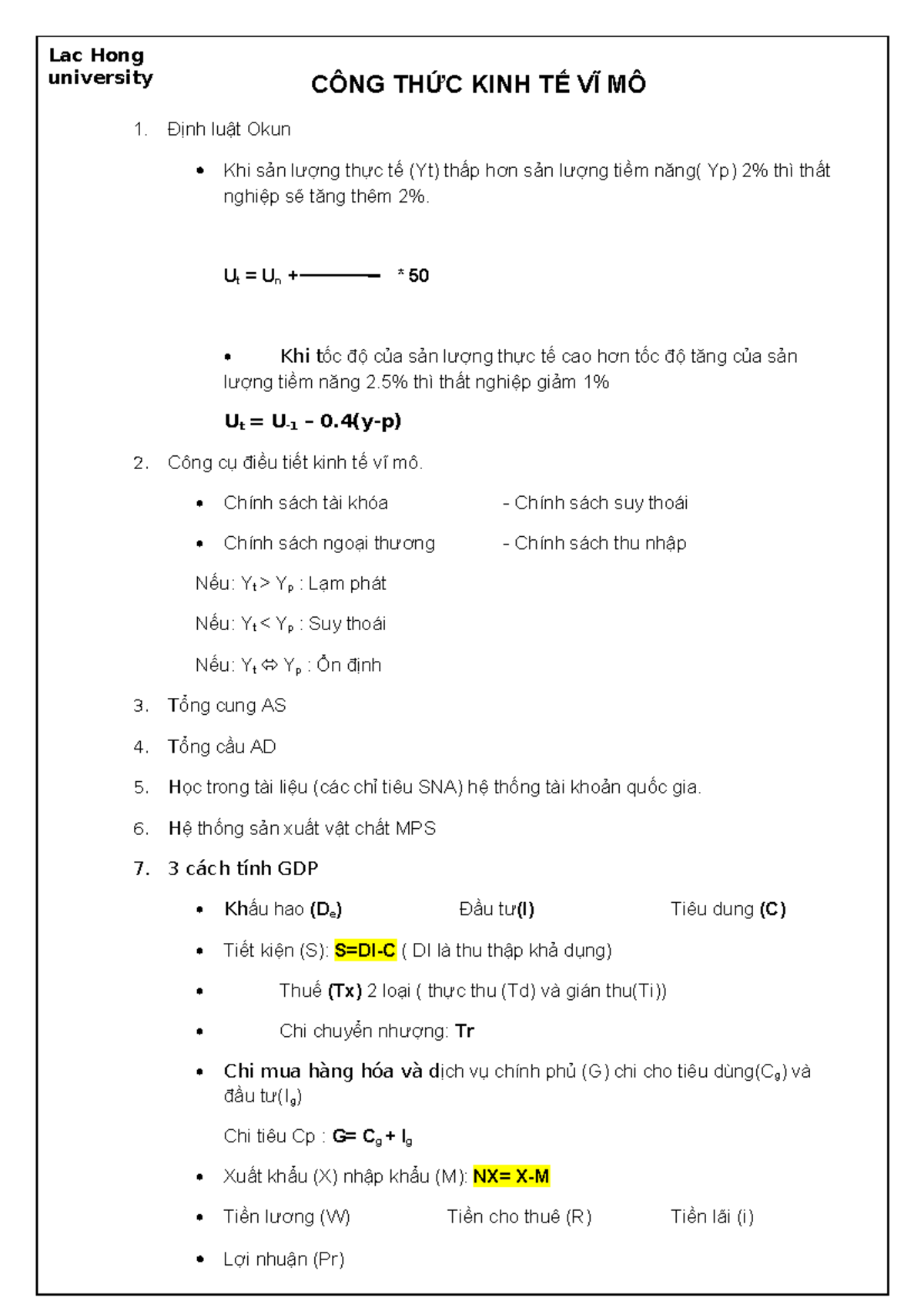 CONG THC KINH T VI MO - Tổng hợp công thức kinh tế vĩ mô - CÔNG THþC KINH T¾ V) MÔ ßnh lu¿t Okun ...