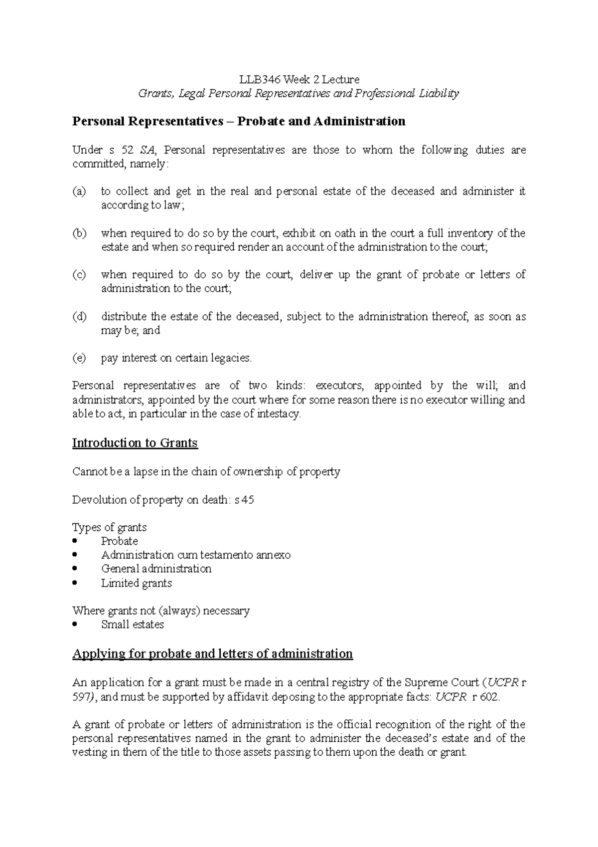 LLB346 Week 2 Lecture - LLB346 Week 2 Lecture Grants, Legal Personal ...
