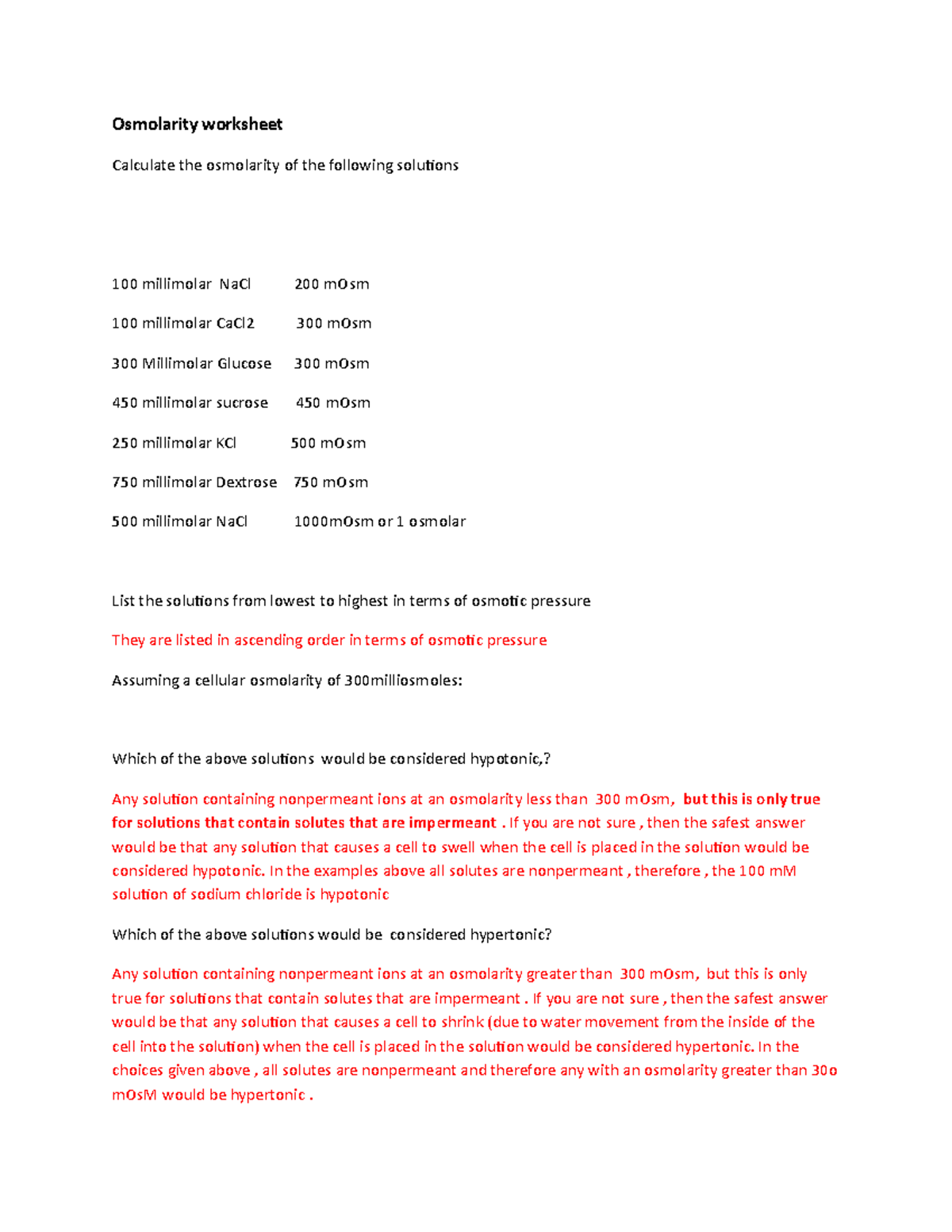 Osmolarity worksheet answered - Osmolarity worksheet Calculate the ...