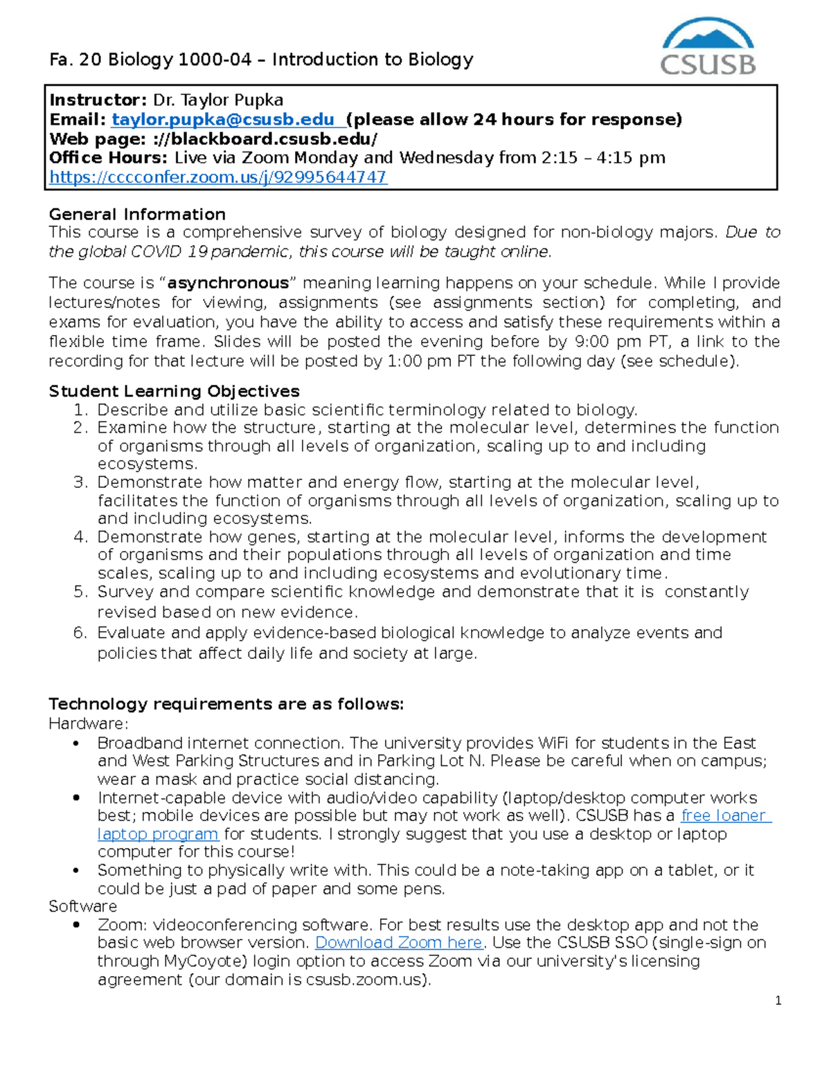 BIOL - 1000 Syllabus - Fa. 20 Biology 1000-04 – Introduction to Biology ...