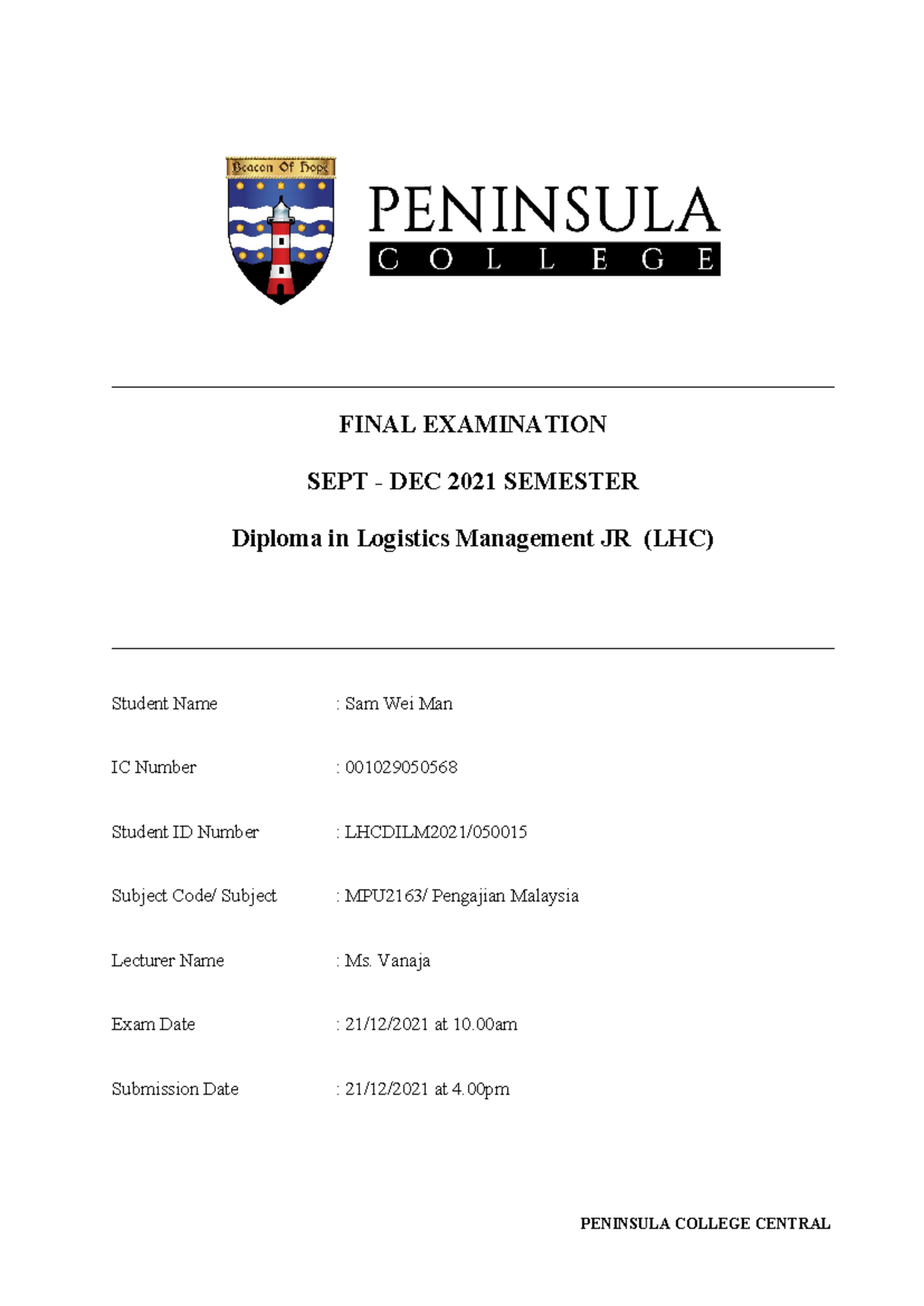 Final Examination PM2 - FINAL EXAMINATION SEPT - DEC 2021 SEMESTER ...