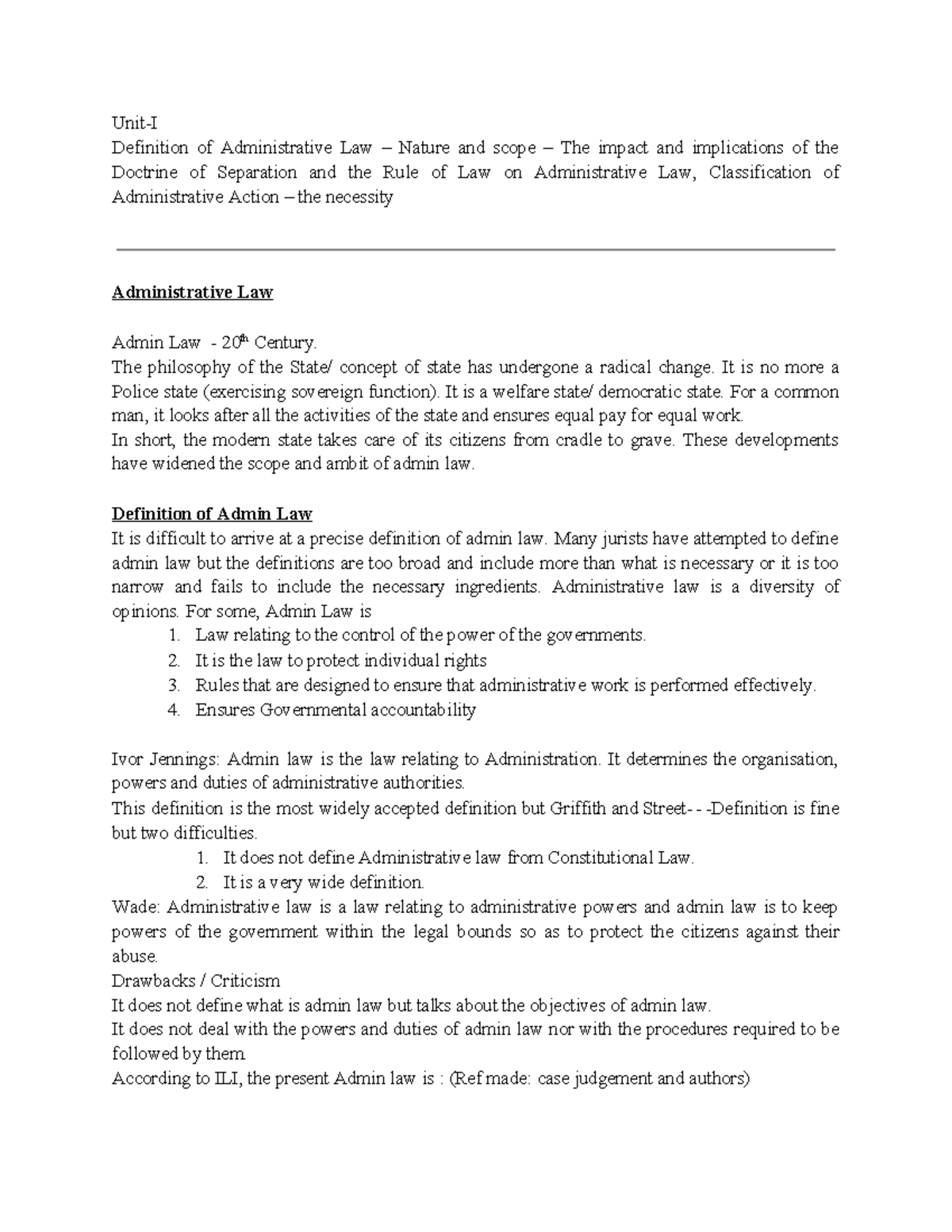 Admin Law Unit 1 - Unit-I Definition of Administrative Law – Nature and ...