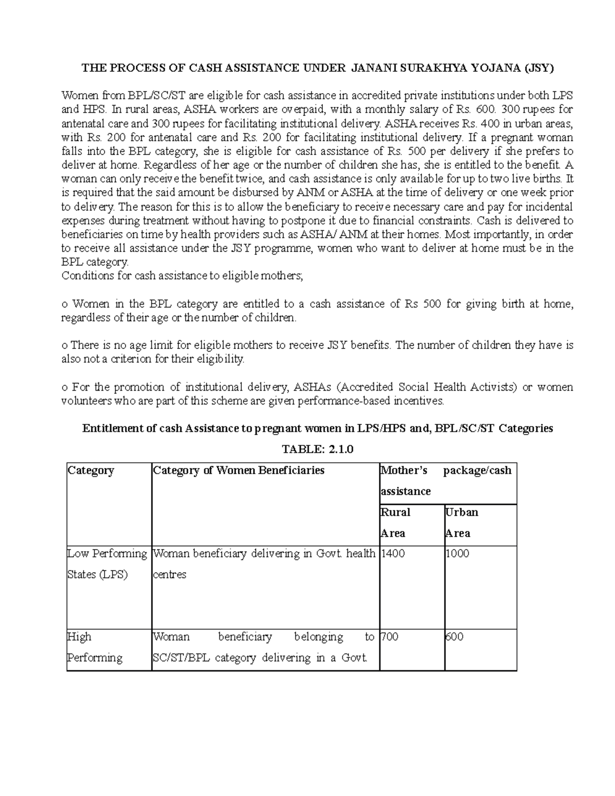THE Process OF CASH Assistance Under Janani Surakhya Yojana (JSY) - THE ...