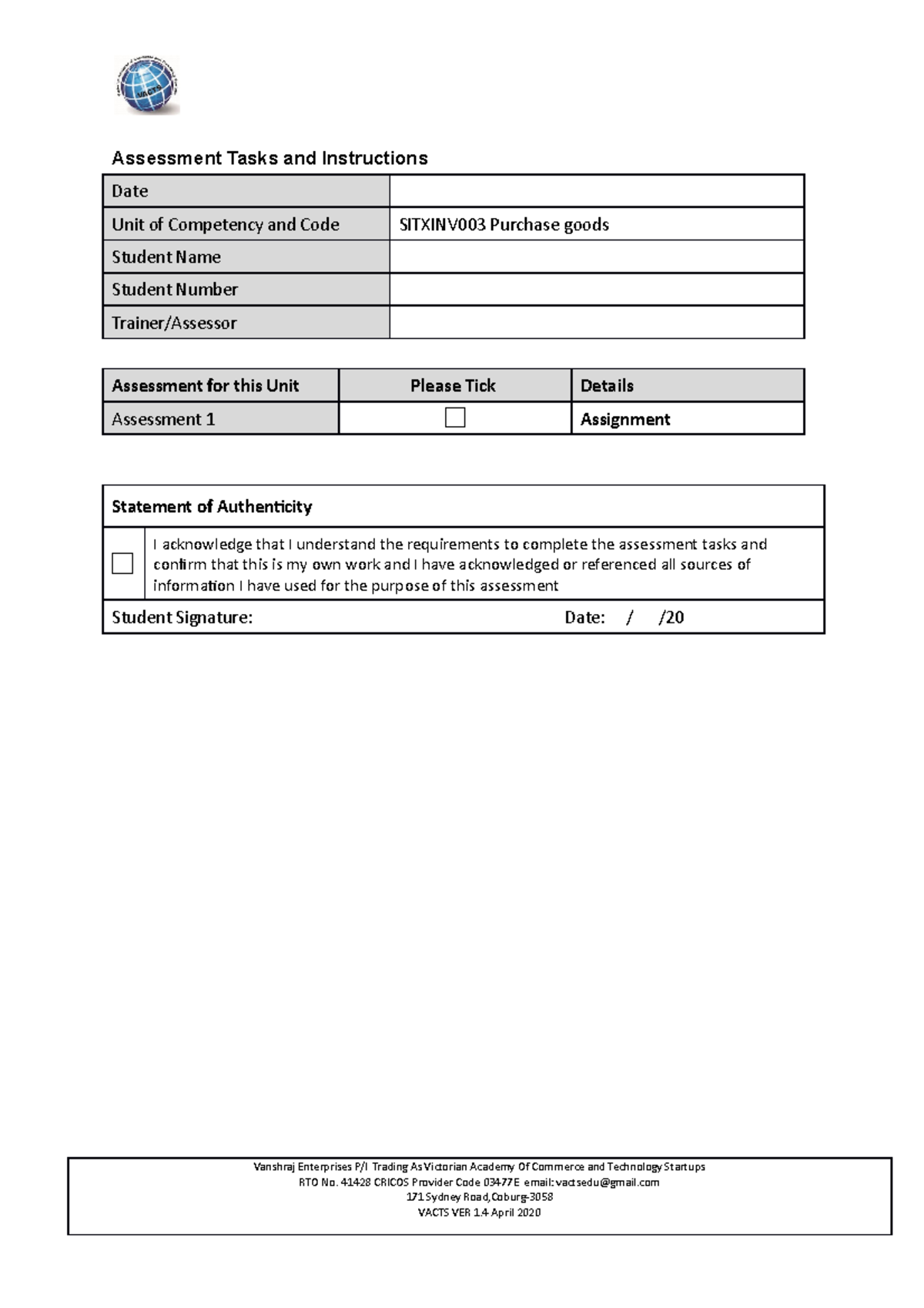 Purchasing goods student Print - Assessment Tasks and Instructions Date ...