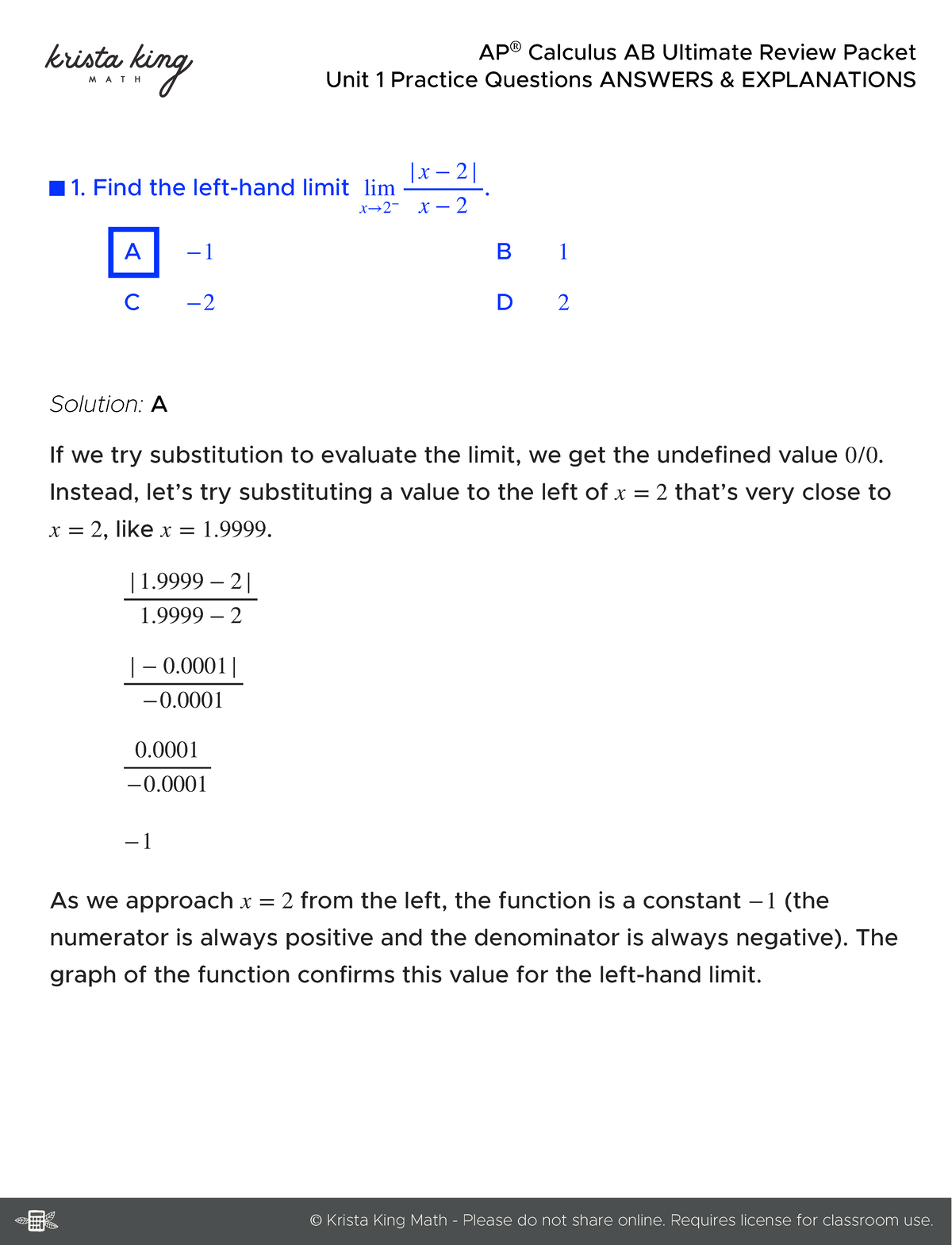 Unit 1 Practice Test Solutions - Find the left-hand limit lim x→ 2 − ...