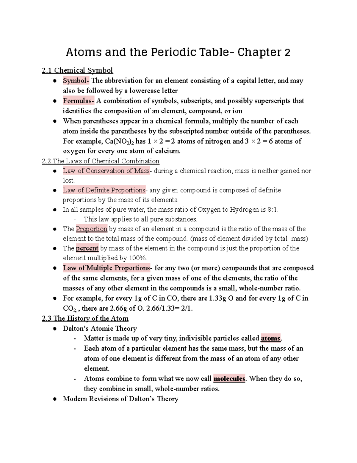 Chapter 2 Notes - Atoms and the Periodic Table- Chapter 2 2 Chemical ...