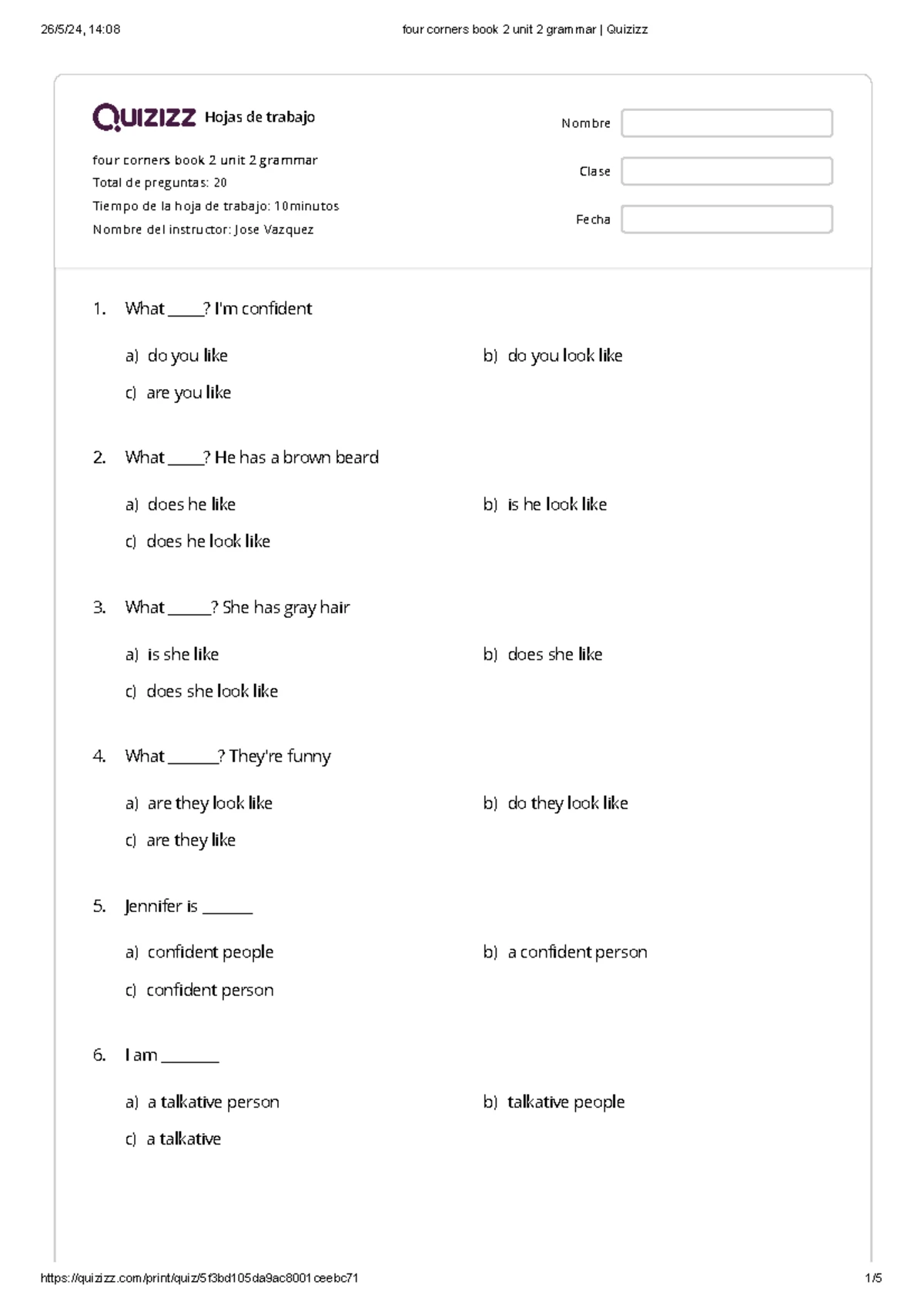 Four Corners 2, Unit 3 Quiz Quizizz Prueba 3 - Hojas de trabajo Four ...