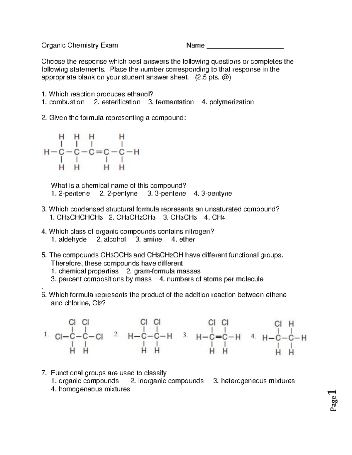 Organic Chemistry Exam with Answers - 1 Organic Chemistry Exam Name ...