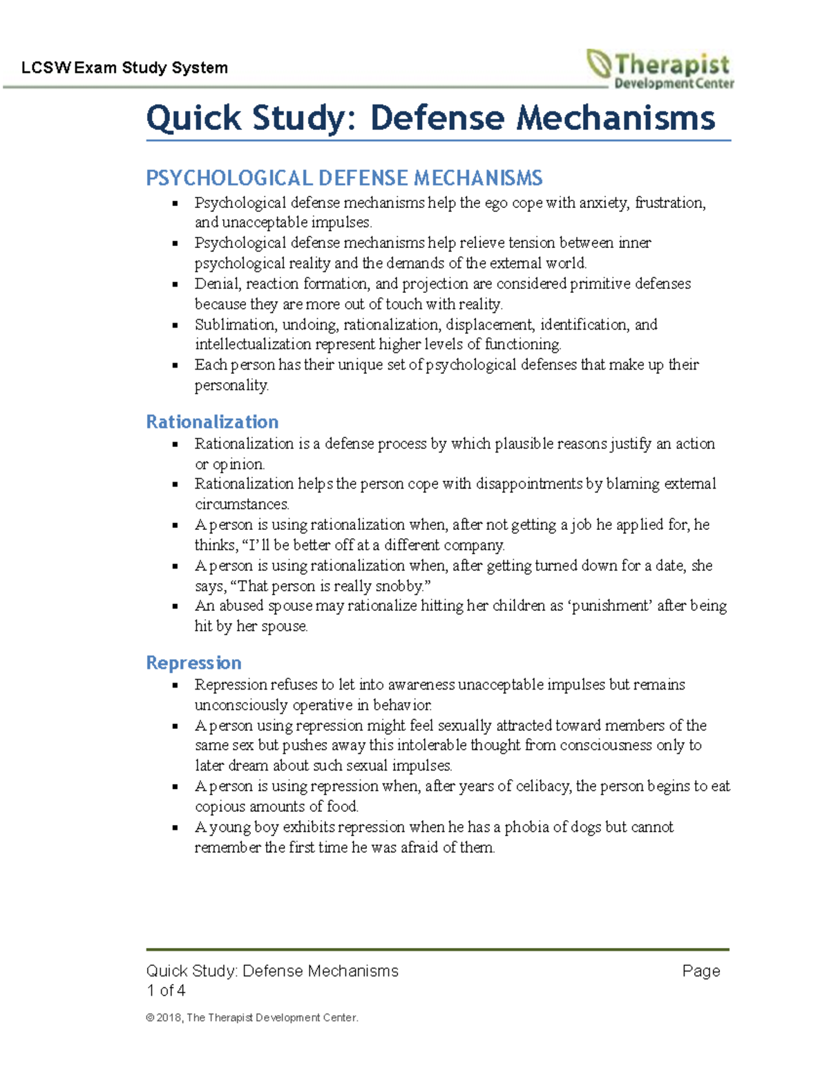 LCSW+QS+Defense+Mechanisms+2018 - Quick Study: Defense Mechanisms ...
