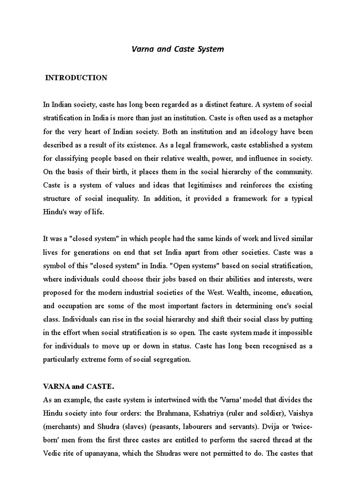 Varna and Caste System - Lecture notes 3 - Varna and Caste System ...