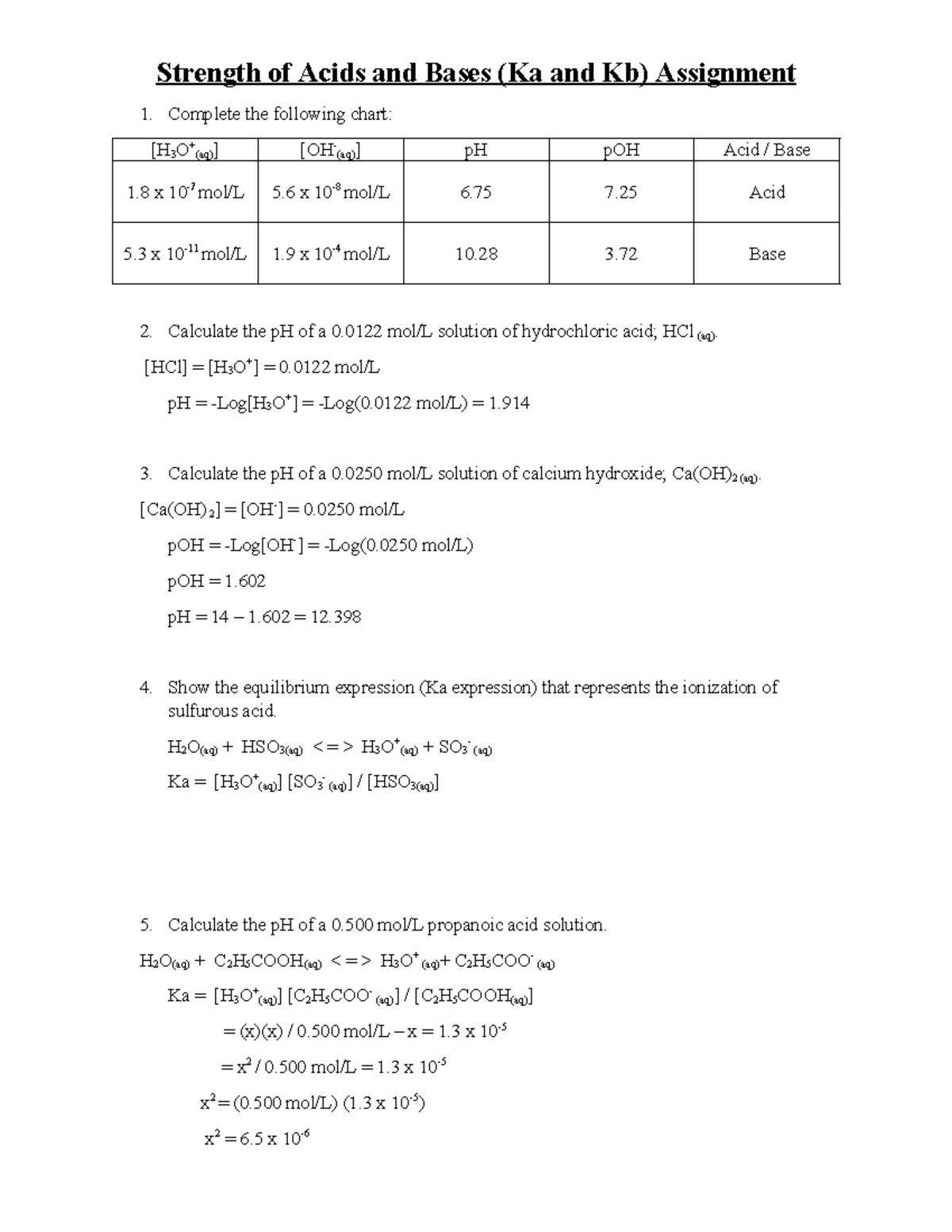 Strength of Acids and Bases Assignment - Strength of Acids and Bases ...