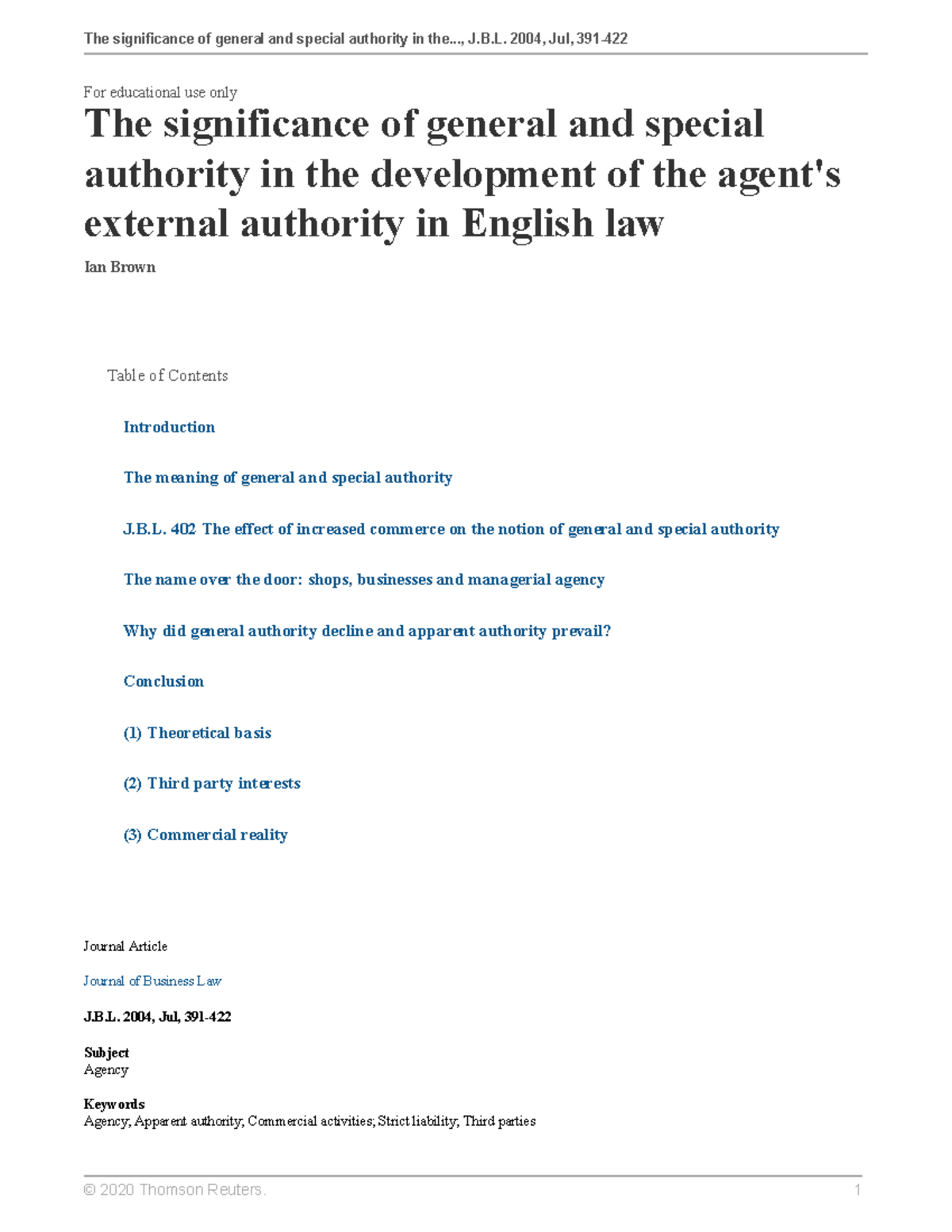 Brown, The significance of general and special authority in the ...