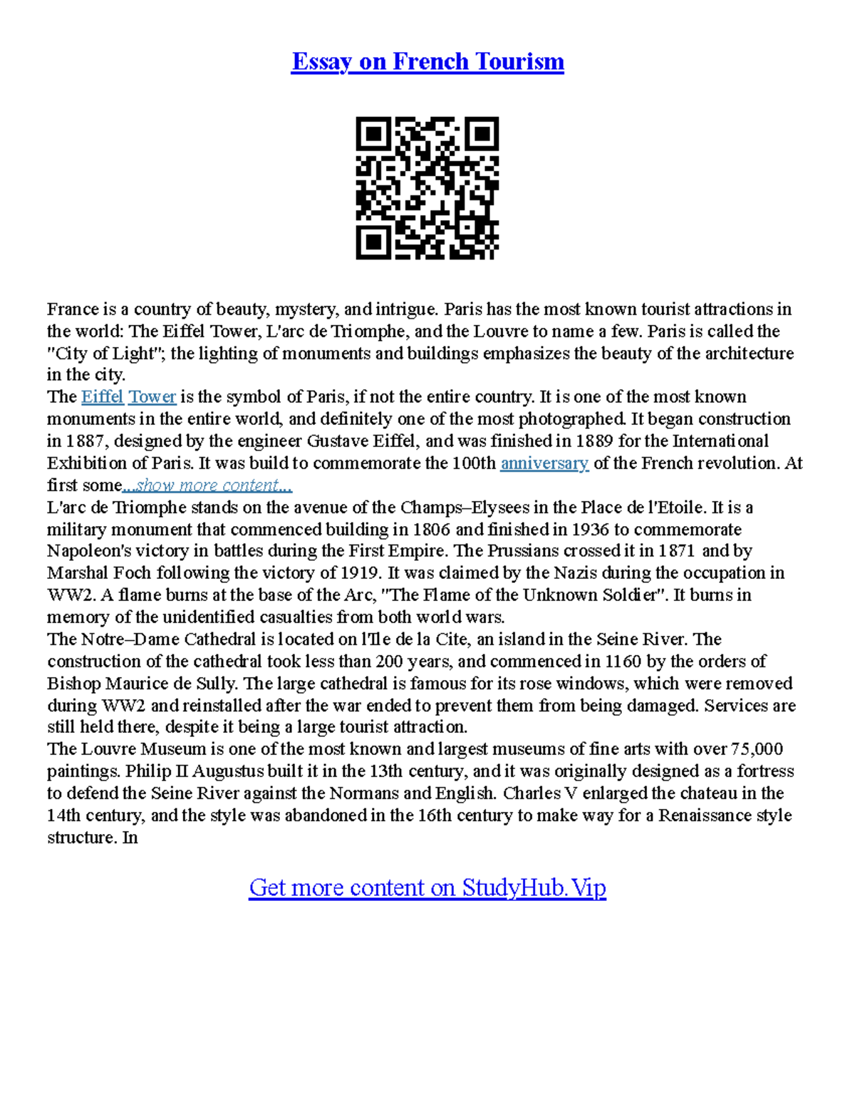 French Essay Phrases - Essay on French Tourism France is a country of ...
