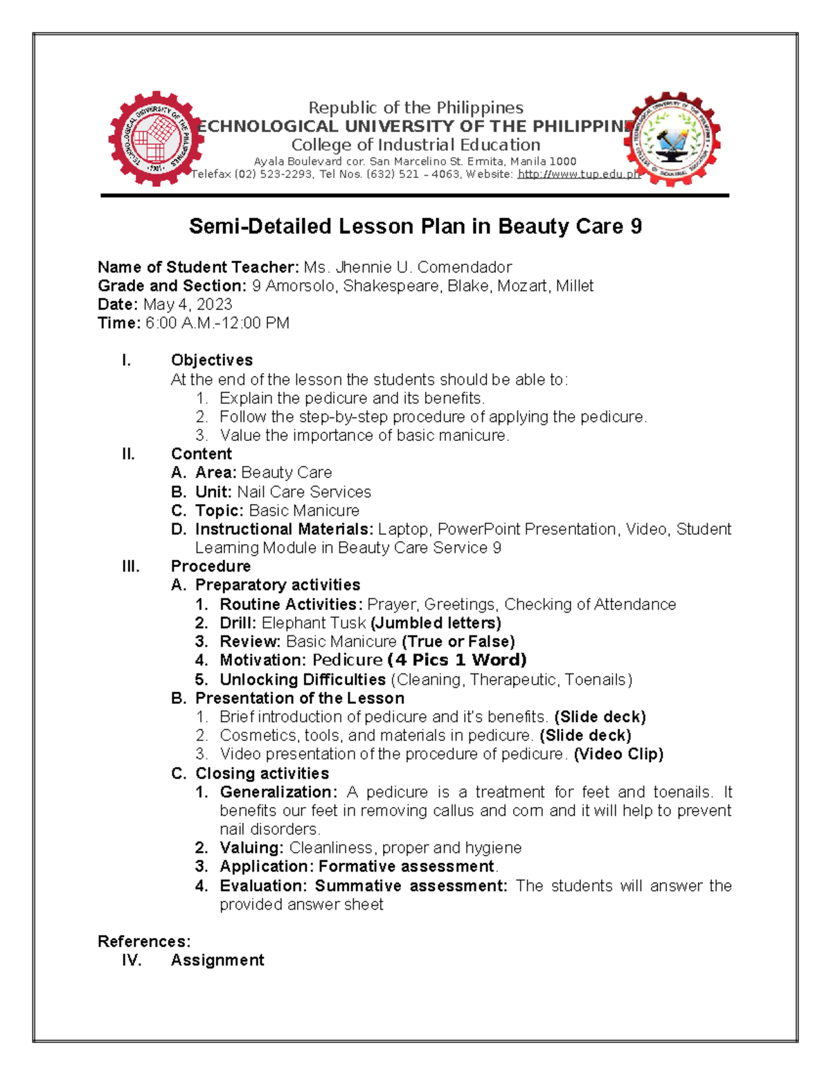 Lesson Plan for Nail Care - Republic of the Philippines TECHNOLOGICAL ...
