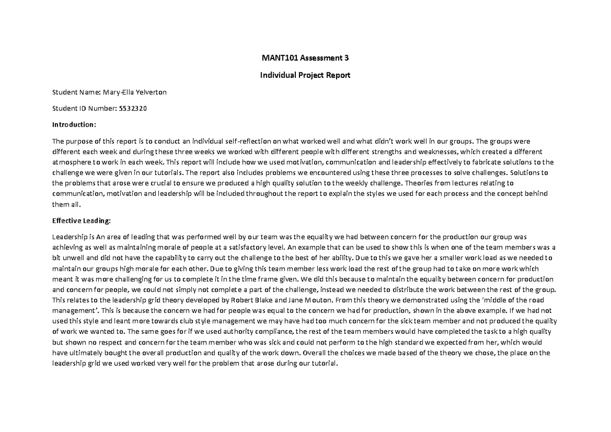 Mant101 Assessment Three - MANT101 Assessment 3 Individual Project ...